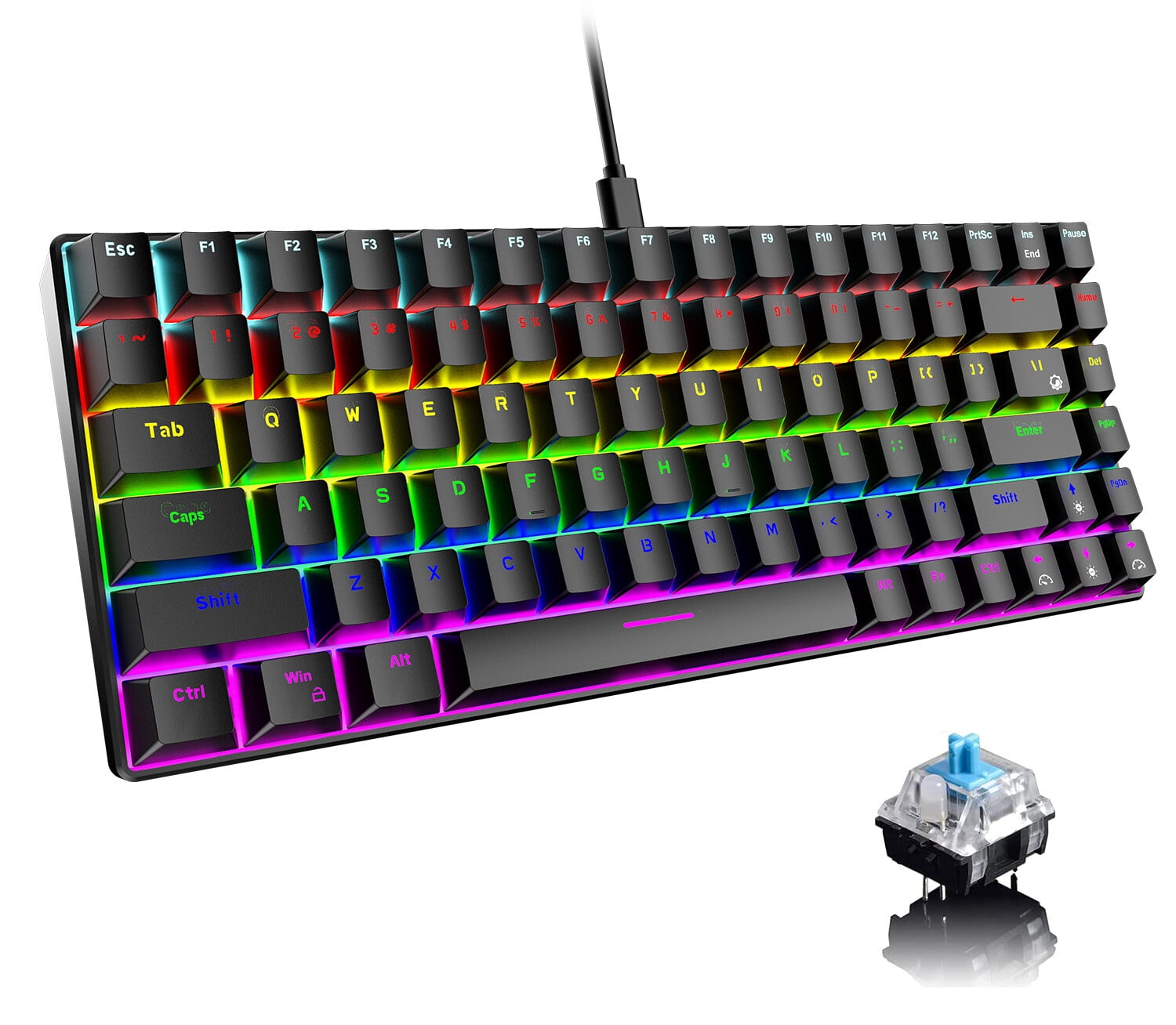 Wired Gaming Keyboard Rainbow Backlit Mechanical Keyboard Type-C 84 ...
