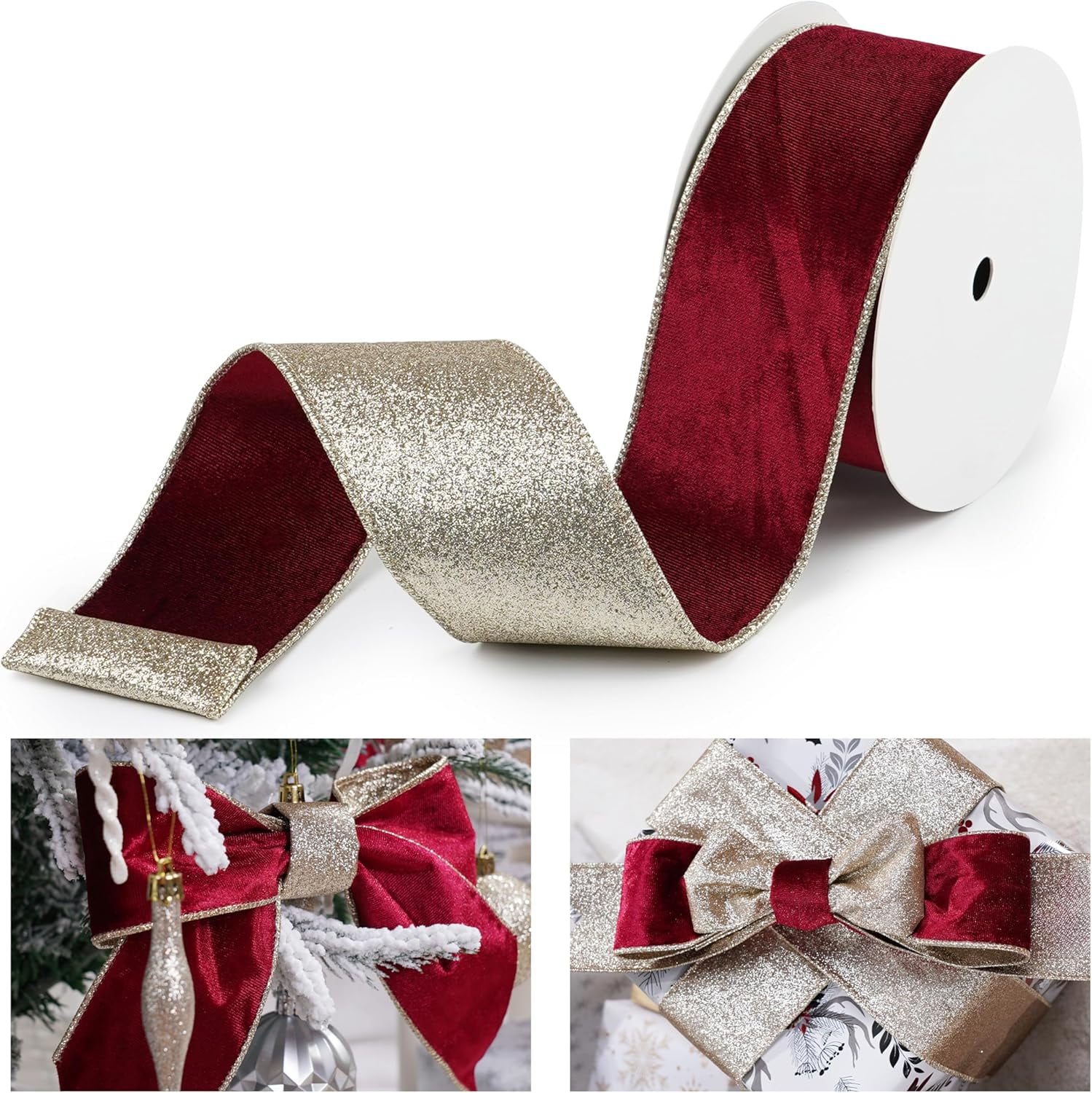 Wired Ribbon with Glitter Back 2.5 Inch Christmas Wired Ribbon for ...