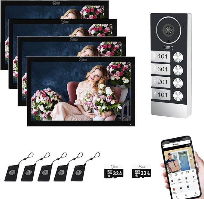 Wired apartment video door intercom system with 4 units, each featuring ...