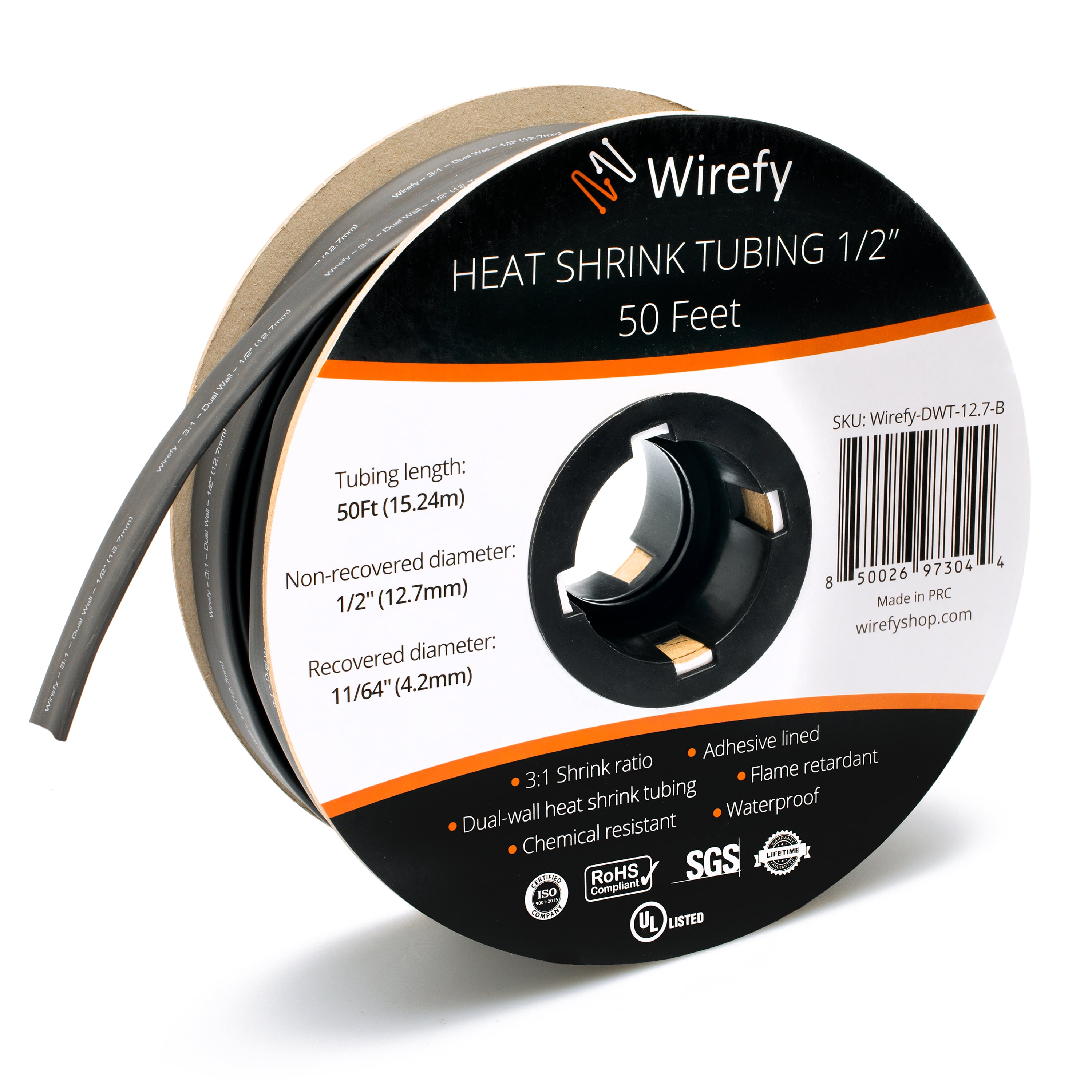 Wirefy 1/2" Heat Shrink Tubing - 50 ft Roll, Black, Electrical Wire ...
