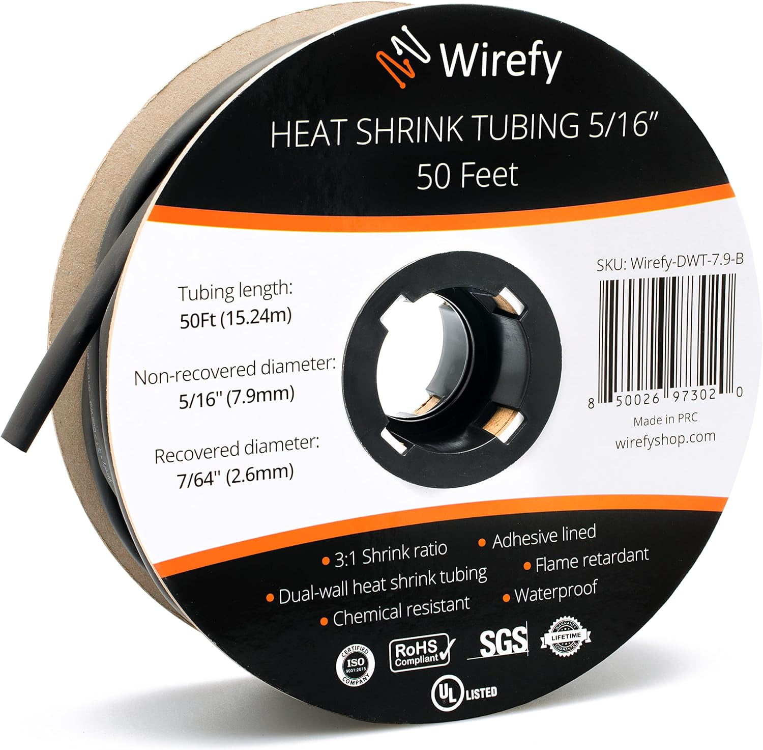 Wirefy 5/16" Heat Shrink Tubing - 3:1 Ratio - Marine Grade Adhesive Lined - Black - 50ft Roll ...