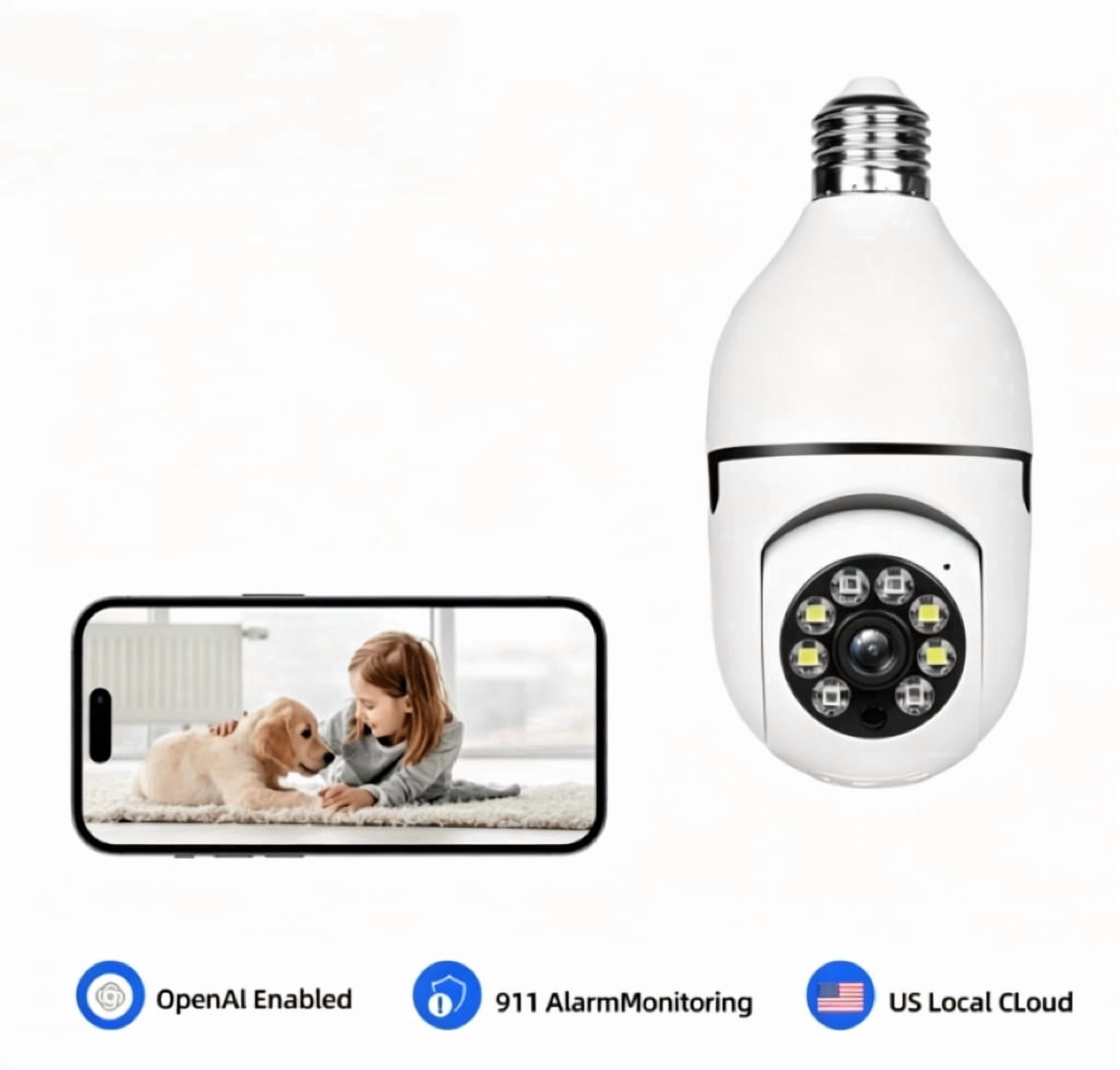 Wireless 2K Security Bulb Camera with 1 USB Charging Cables, 1 Bulb ...