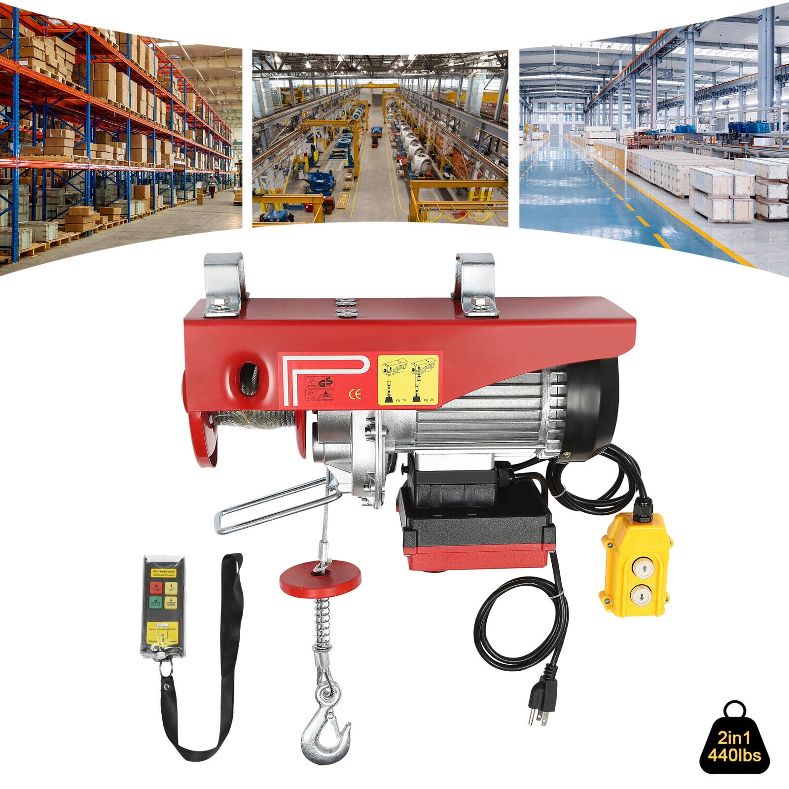 Wireless 2in1 Electric Hoist with 440 LBS Capacity - Remote Control & Double Slings - Steel ...