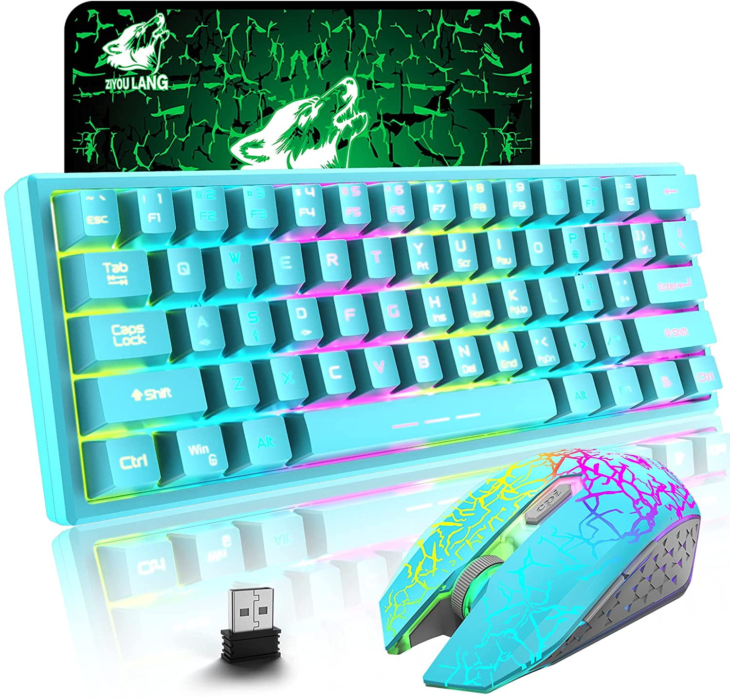 Wireless 61 Keys Gaming Keyboard and Mouse Combo, Rainbow LED Backlit ...
