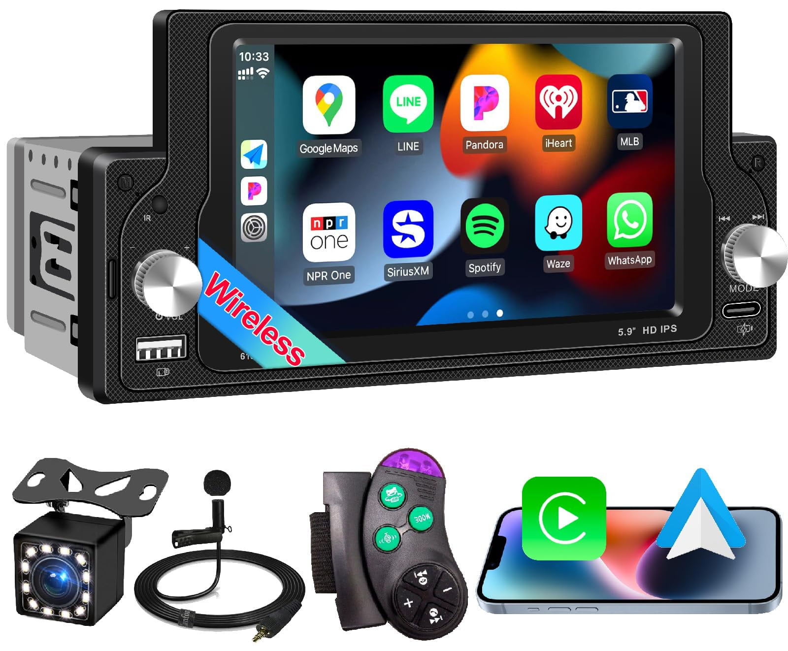 Wireless Apple CarPlay Single Din Car Radio,5.9 inch Touch Screen 1280 ...