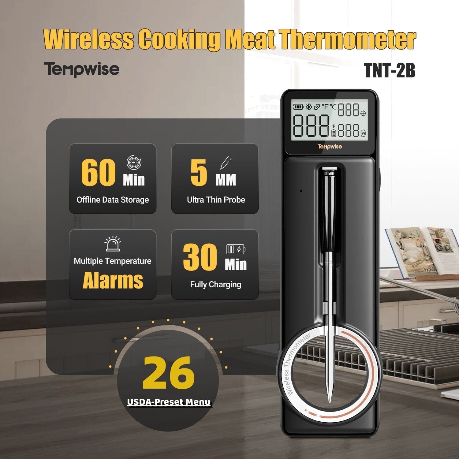 Wireless BBQ Cooking Meat Thermometer Food Smoking Oven 60Min Offline ...