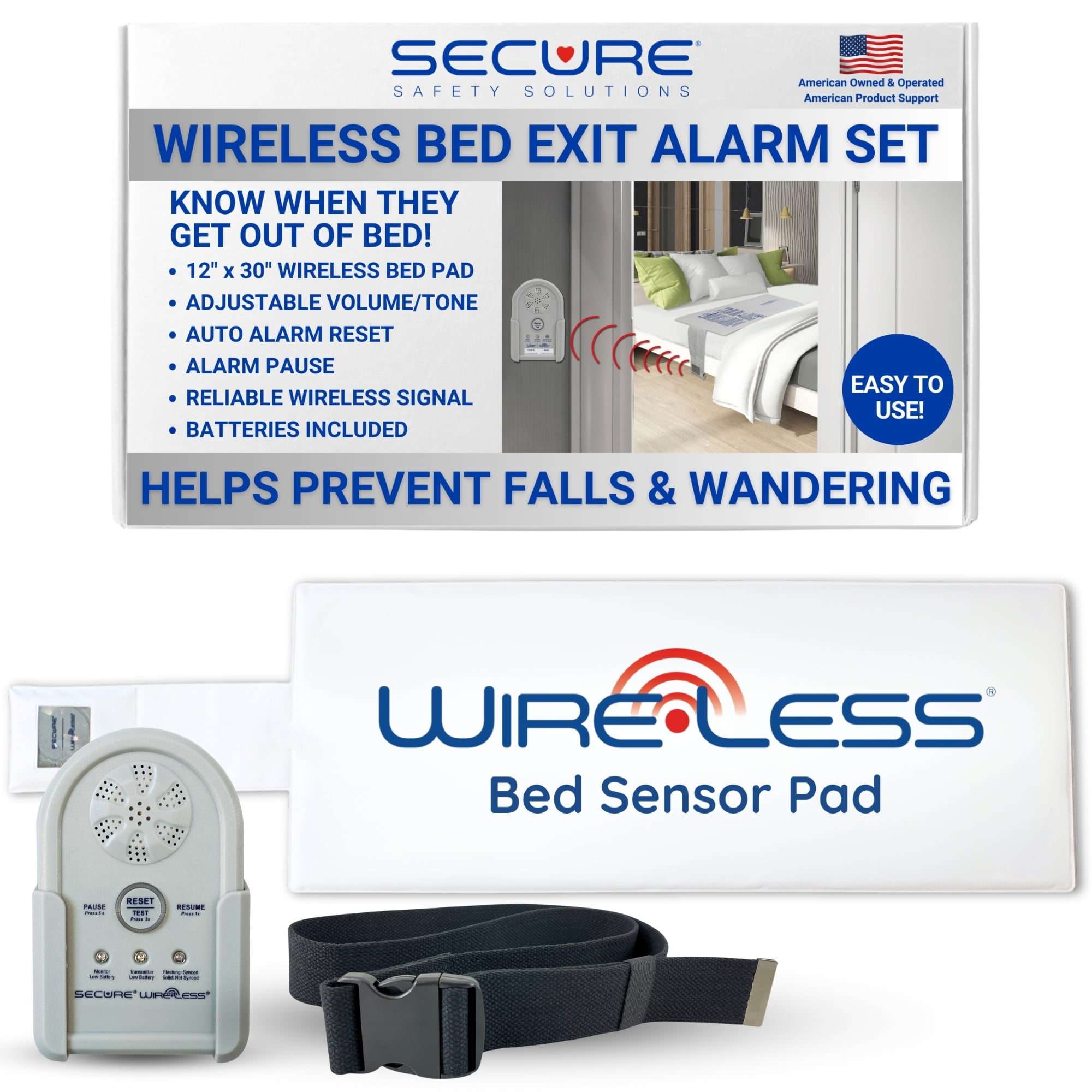 Wireless Bed Alarm for Elderly Adults and 60" Gait Belt - 12" x 30" Bed ...