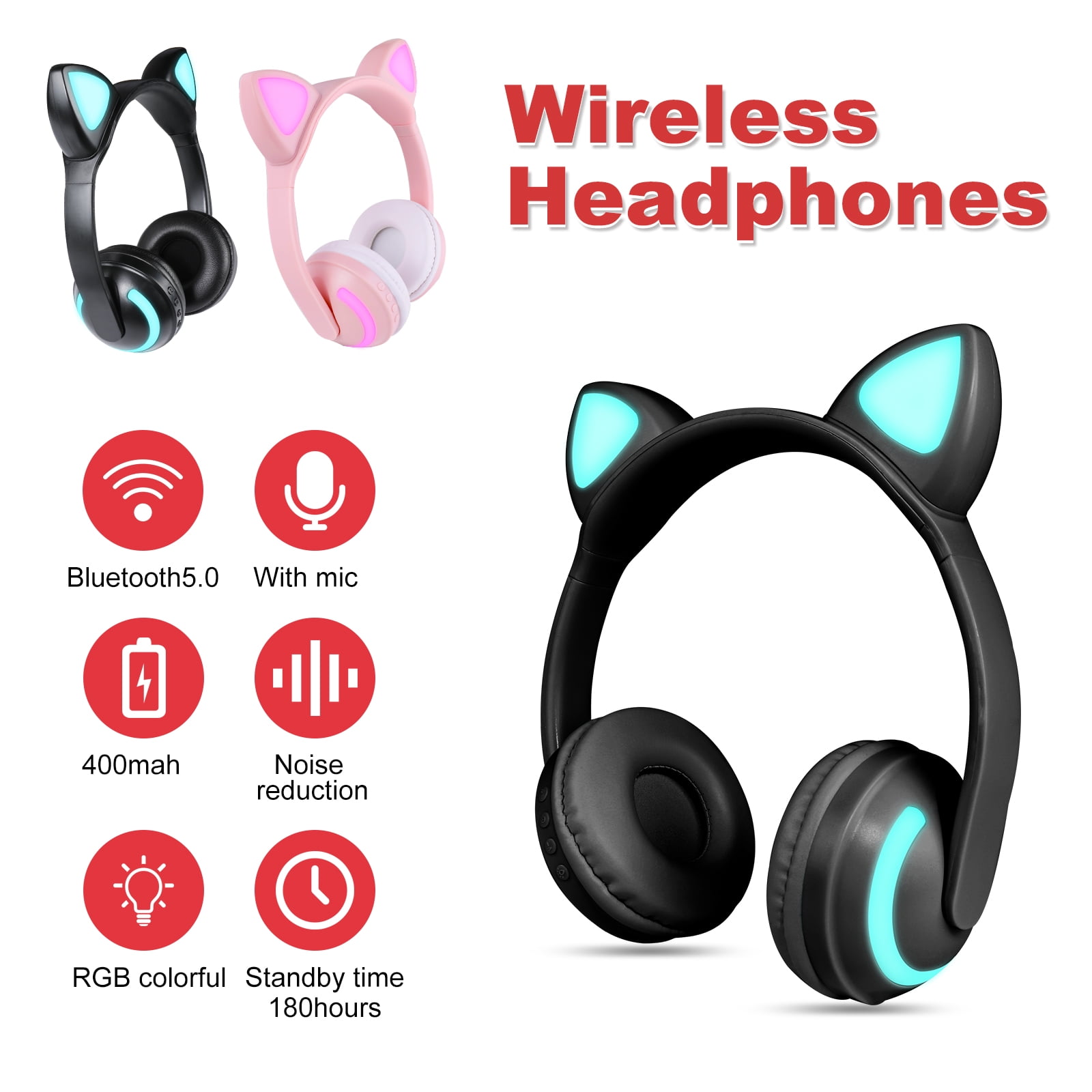Wireless Bluetooth Cat Ear Headphones on-Ear Stereo Gaming Headset,with ...