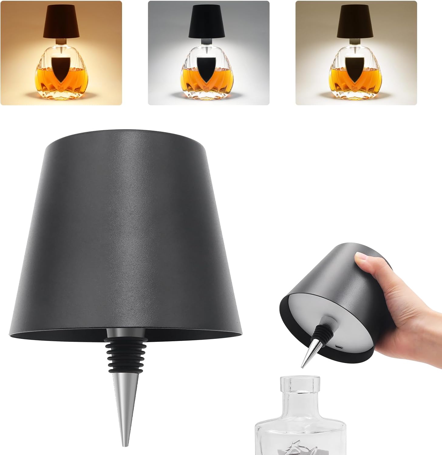Wireless Bottle Lamp, Adjustable Brightness 3 Color Wine Bottle Light with 2500 mAh Battery ...
