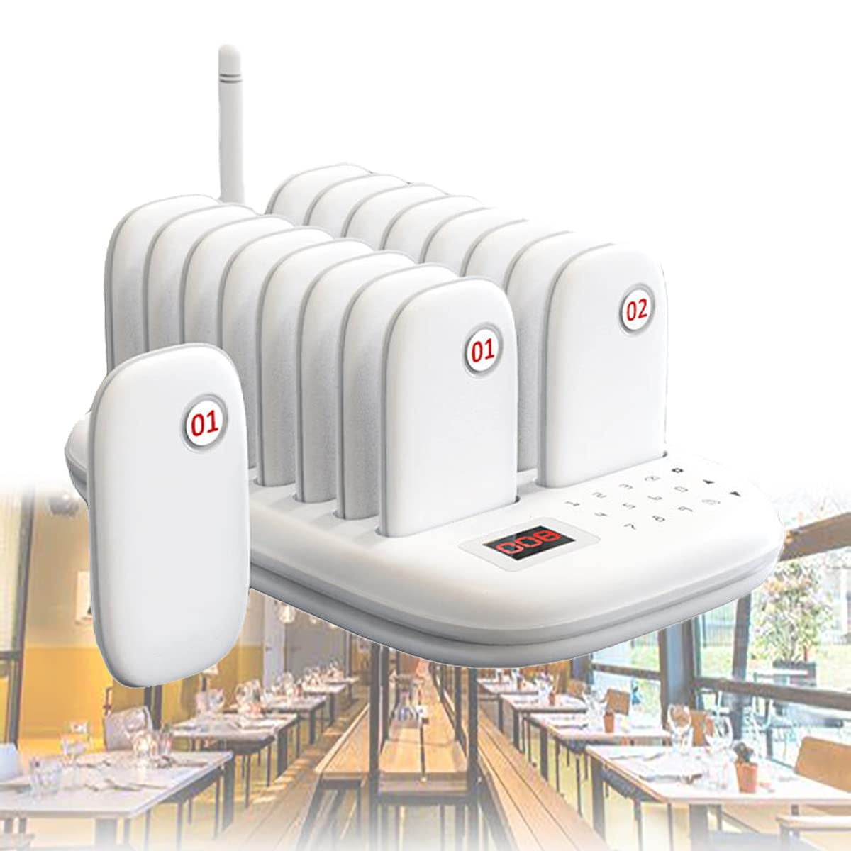 Wireless Calling System, Transmitter + 16 Pagers Beepers, 2 Prompt ...