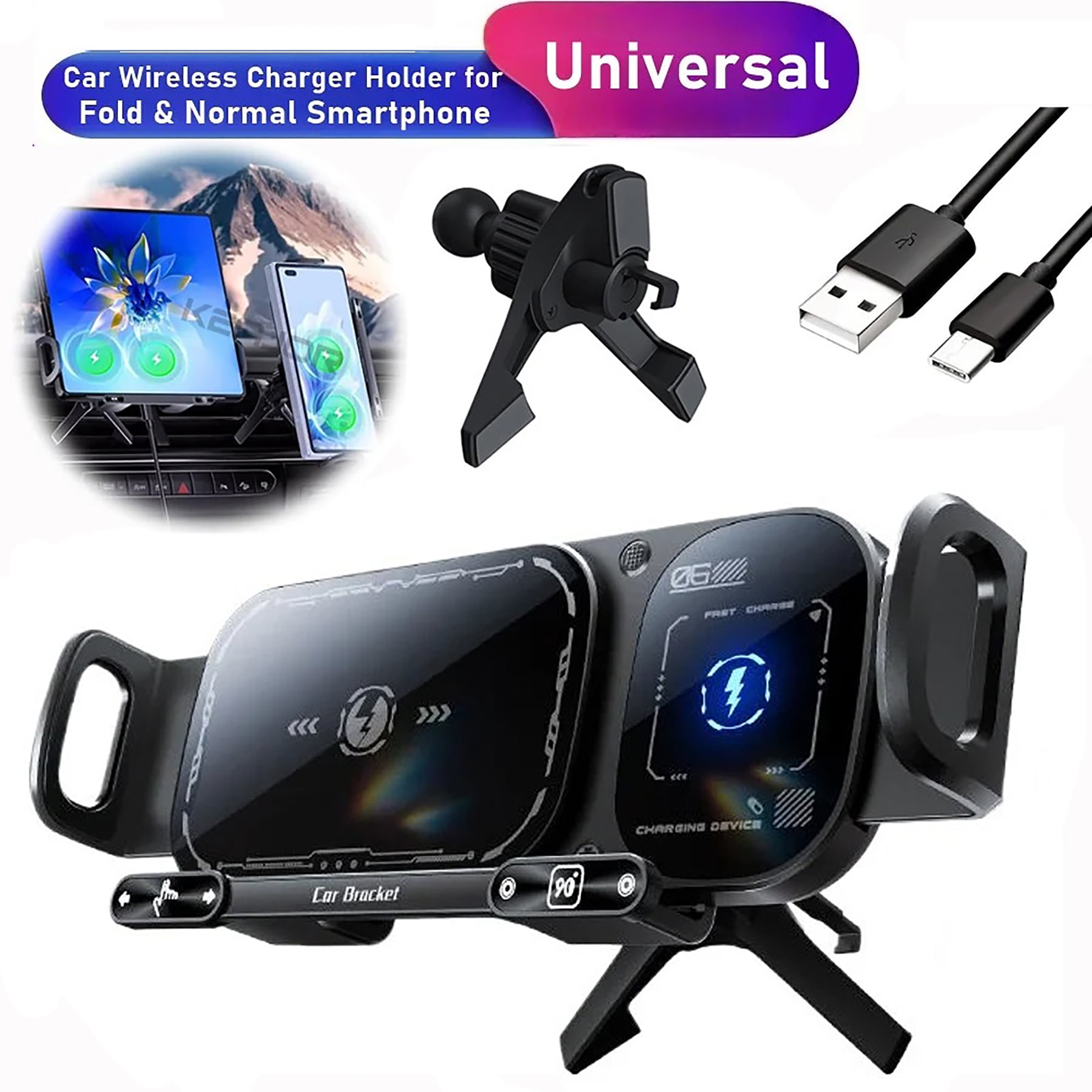 Wireless Car Charger, 15W Qi Fast Charging, Auto Clamping Car Phone ...