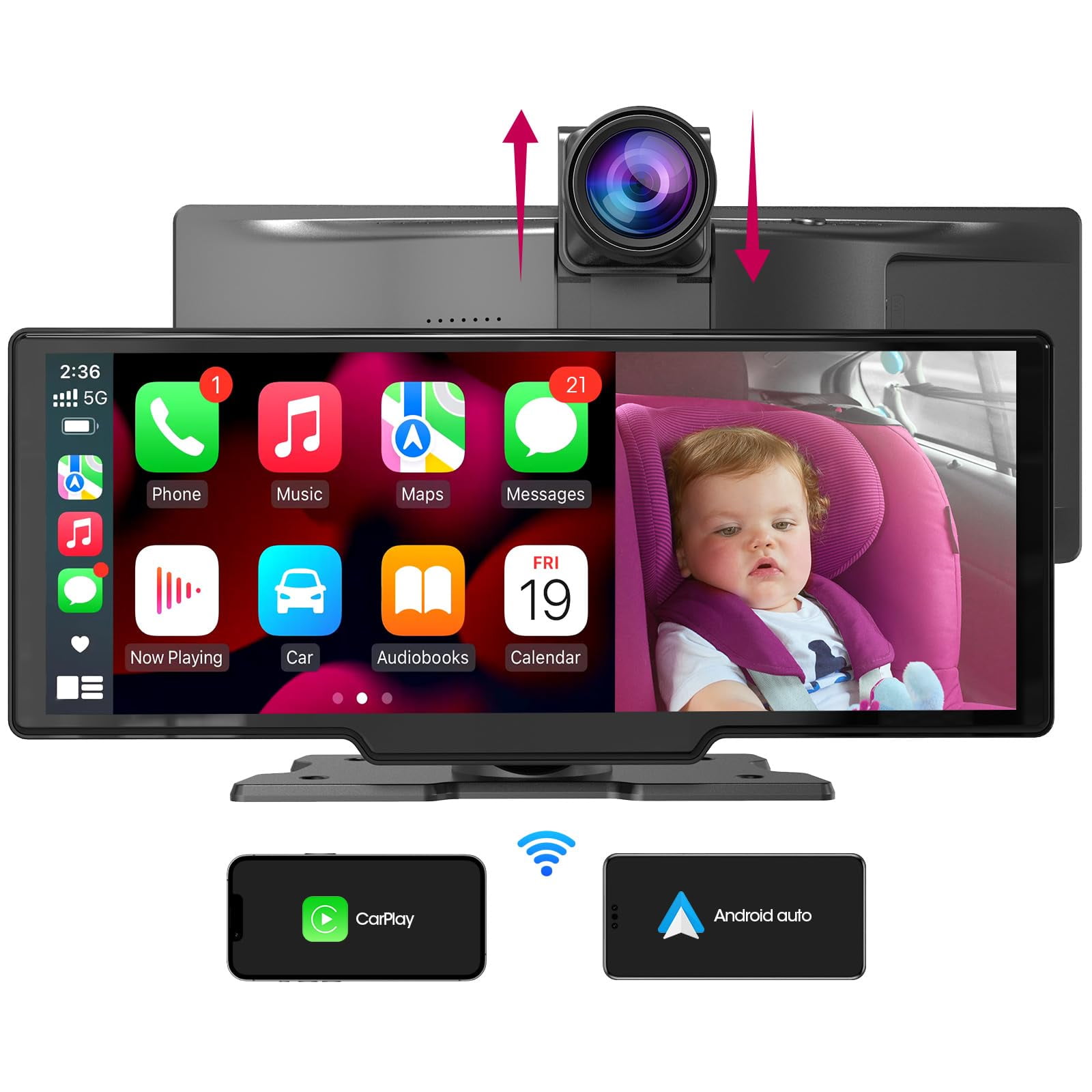 Wireless CarPlay Screen Dash Mount - Portable Android Auto Car Stereo ...