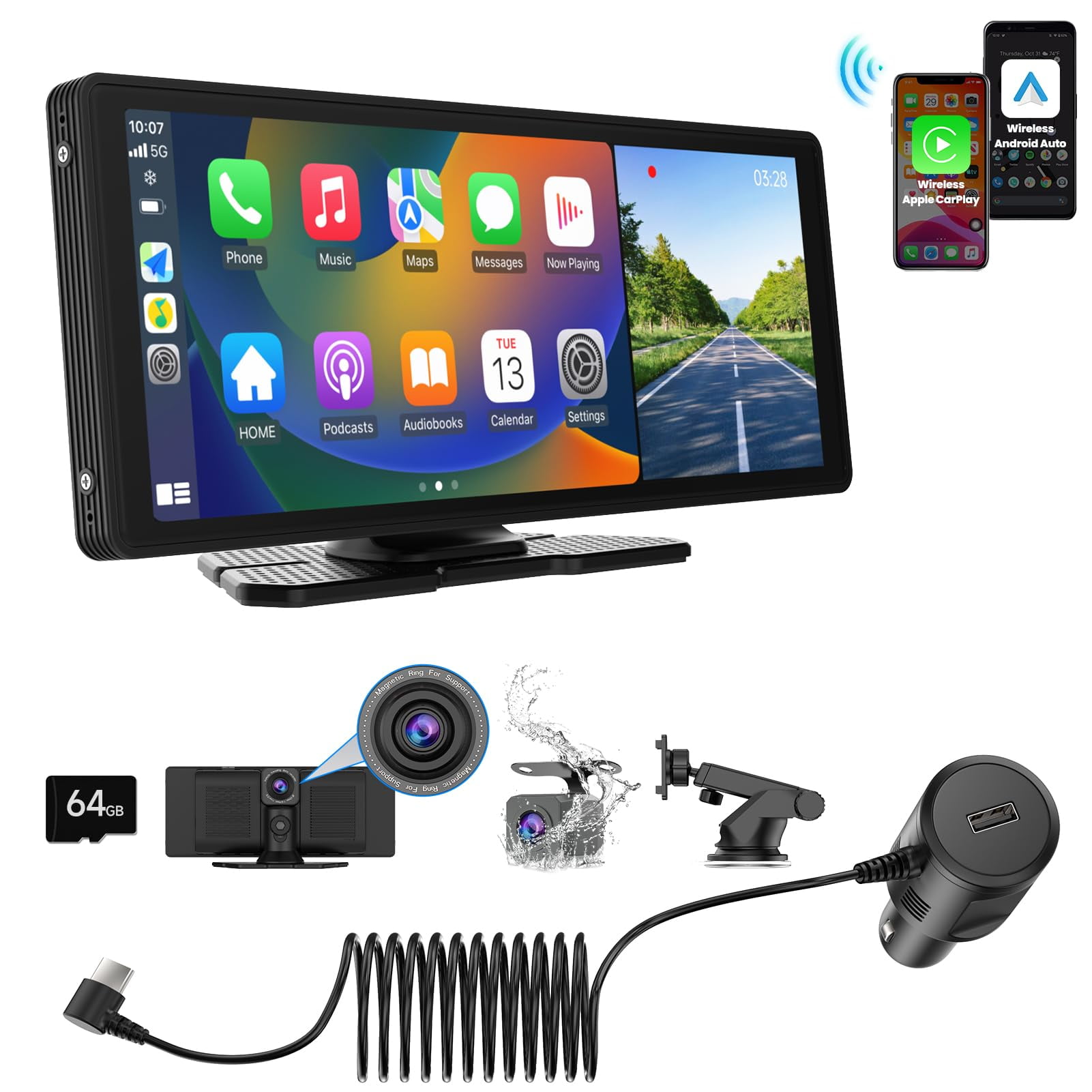 Wireless Carplay Car Stereo, 2024 Portable 9.3" HD Touchscreen Cam ...