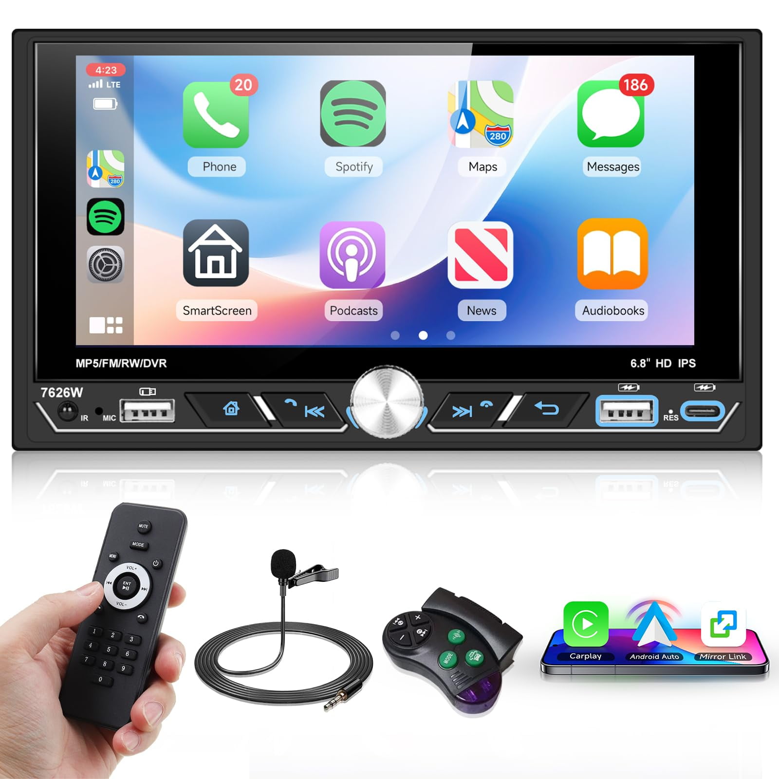 Wireless Carplay Double Din Car Stereo with Android Auto, Hodozzy 6.8 ...