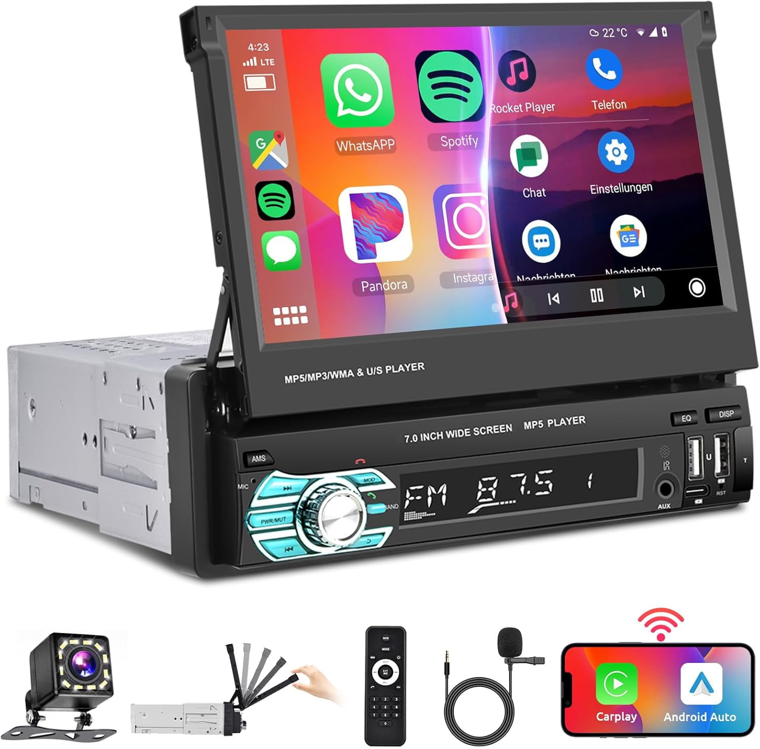 Wireless Carplay Single Din Car Stereo 7 Inch HD Flip Out Touchscreen ...