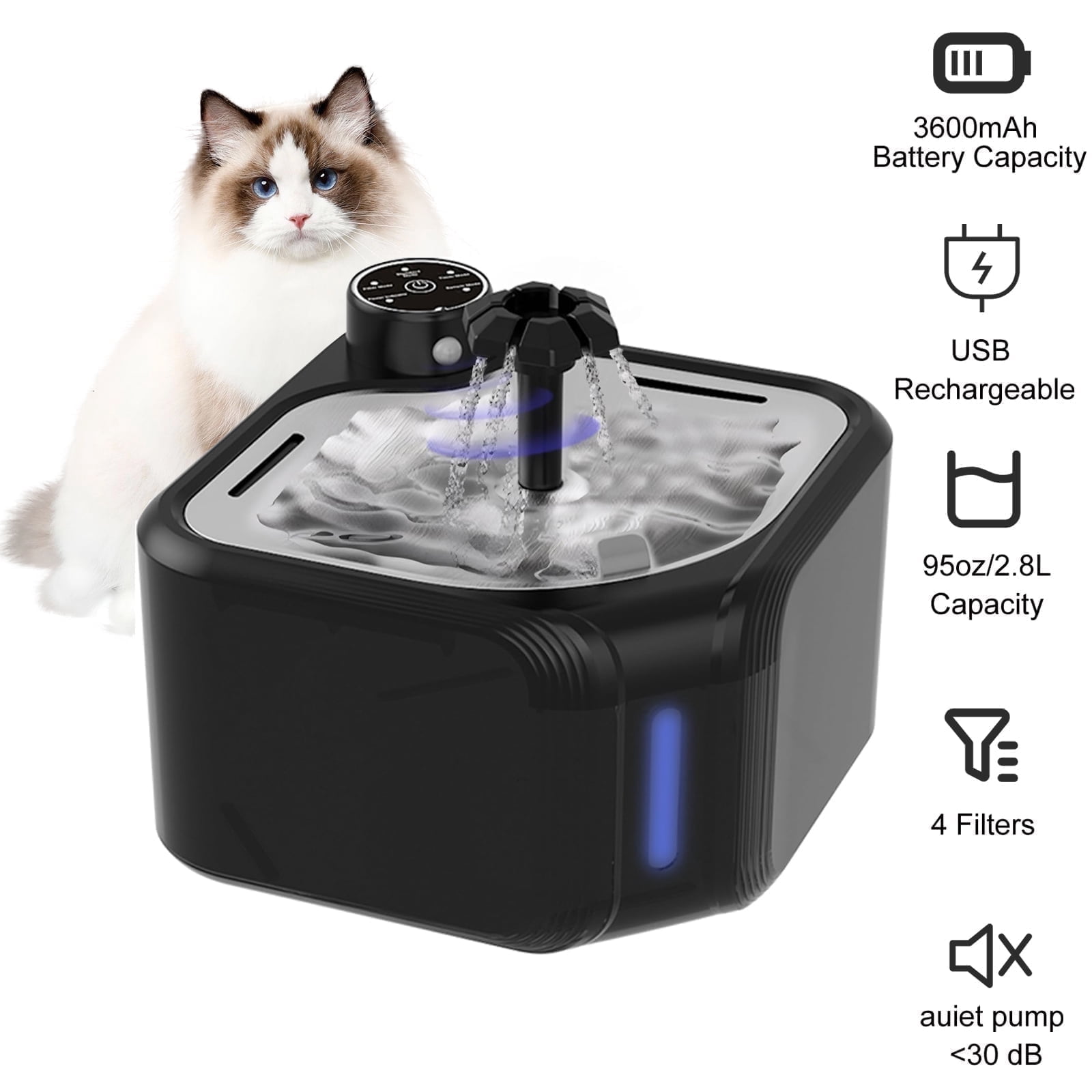 Cordless Cat Water Fountain Rechargeable, 95oz/2.8L Automatic Induction ...