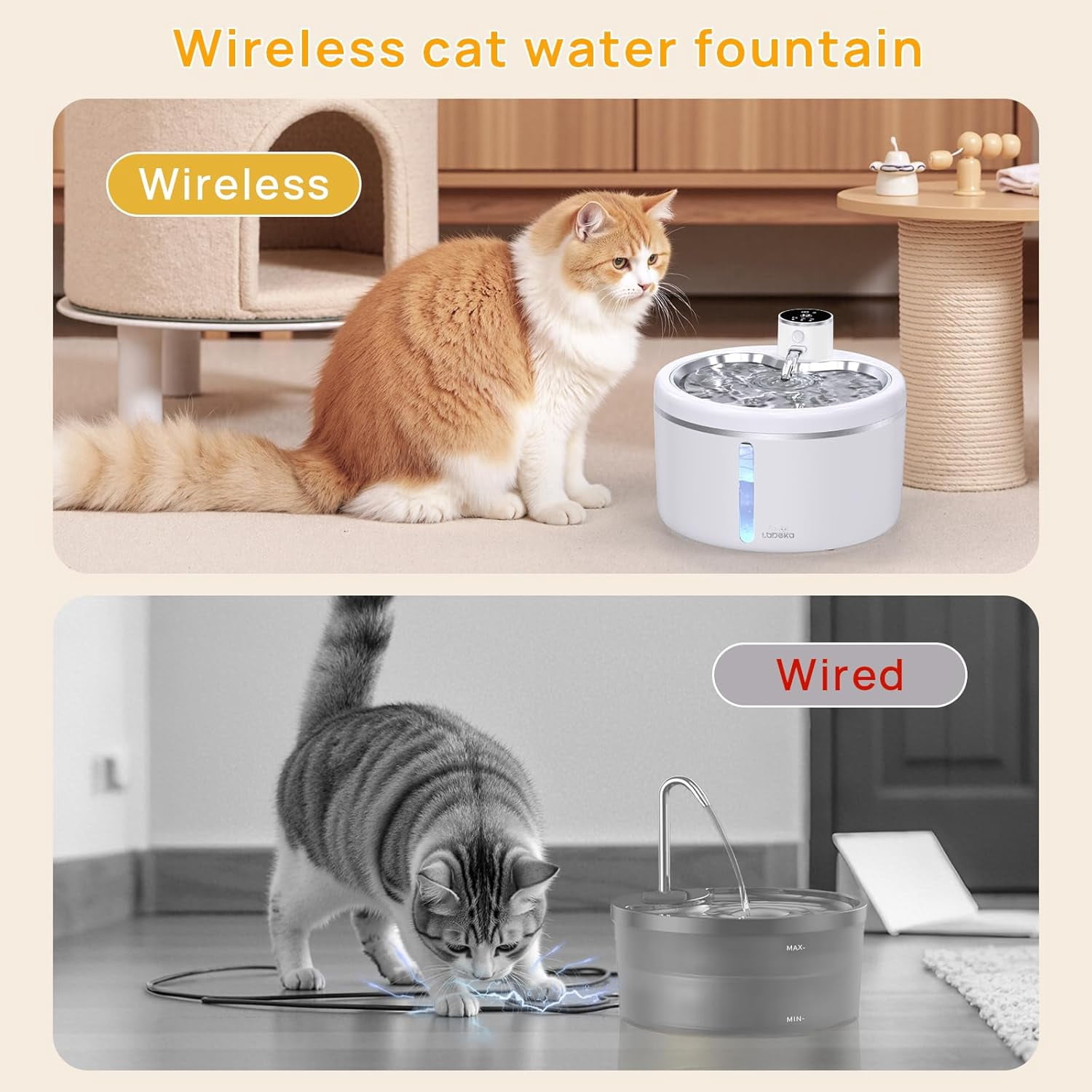 Wireless Cat Water Fountain with Stainless Steel Tray, 102oz/3L Pet ...