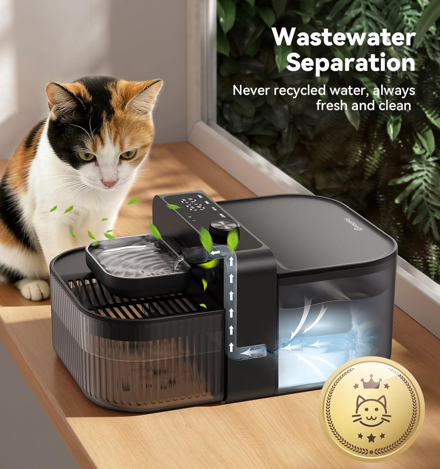 Wireless Cat Water Fountain with Wastewater Separation, 3.5L Stainless ...