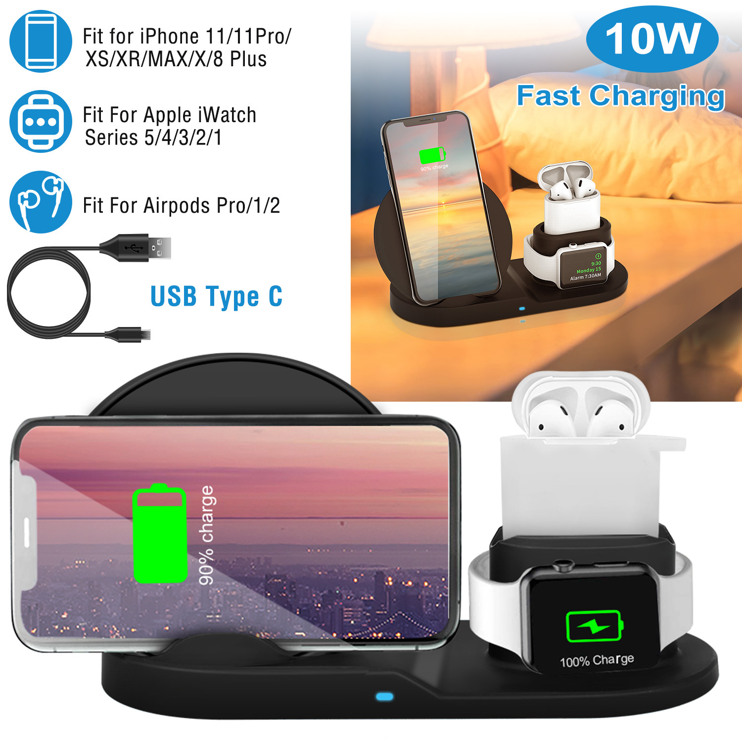 Wireless Charger 10W Fast Charging Station For iPhone Apple iWatch ...