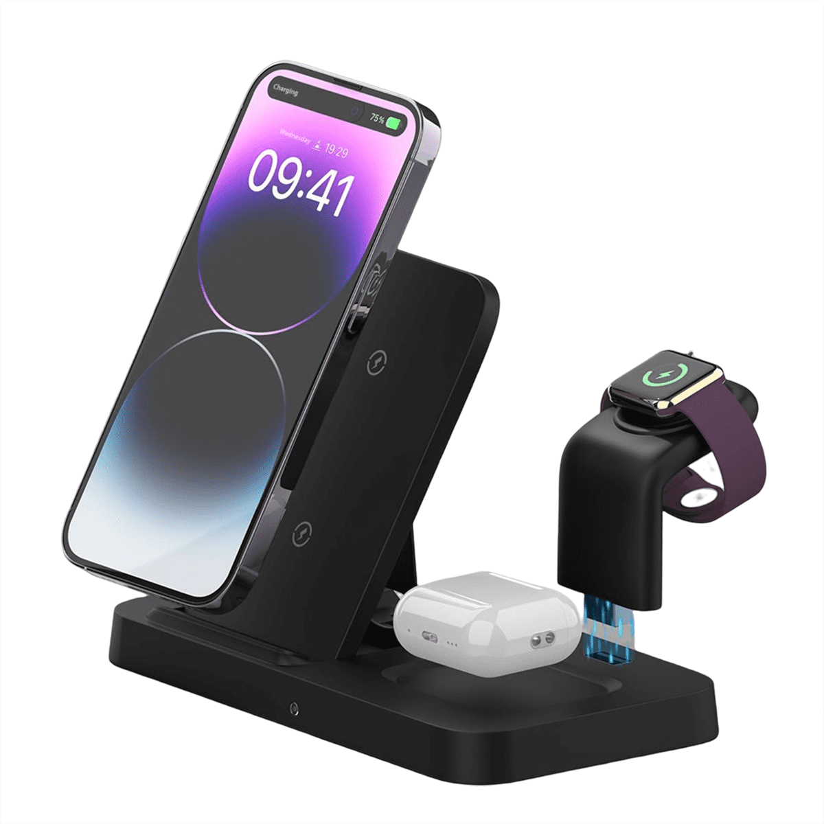 3 In 1 Fast Wireless Charger For Iphone Apple Watch Airpods Black