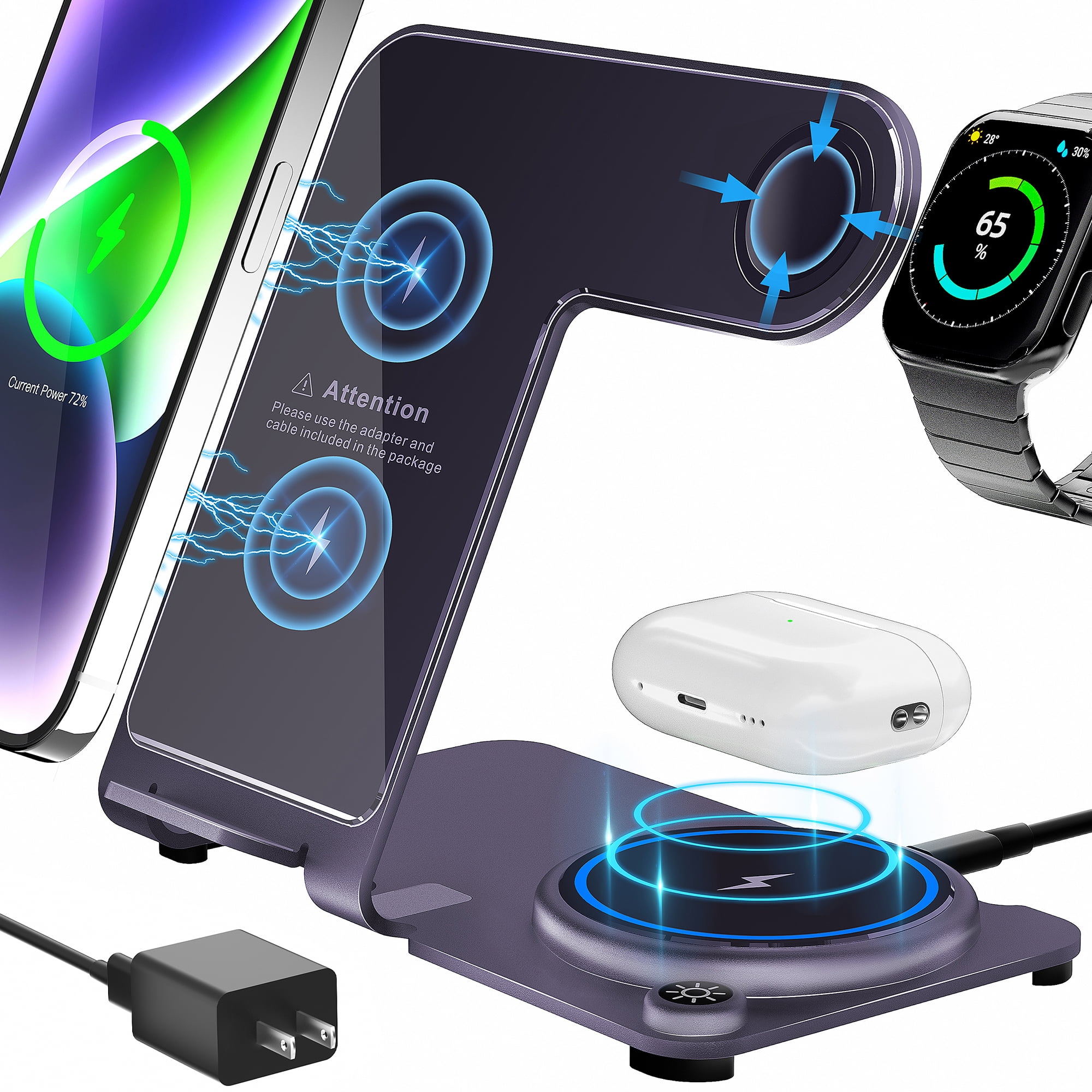 Wireless Charger, Aluminum Alloy 3 in 1 Wireless Charging Station for ...