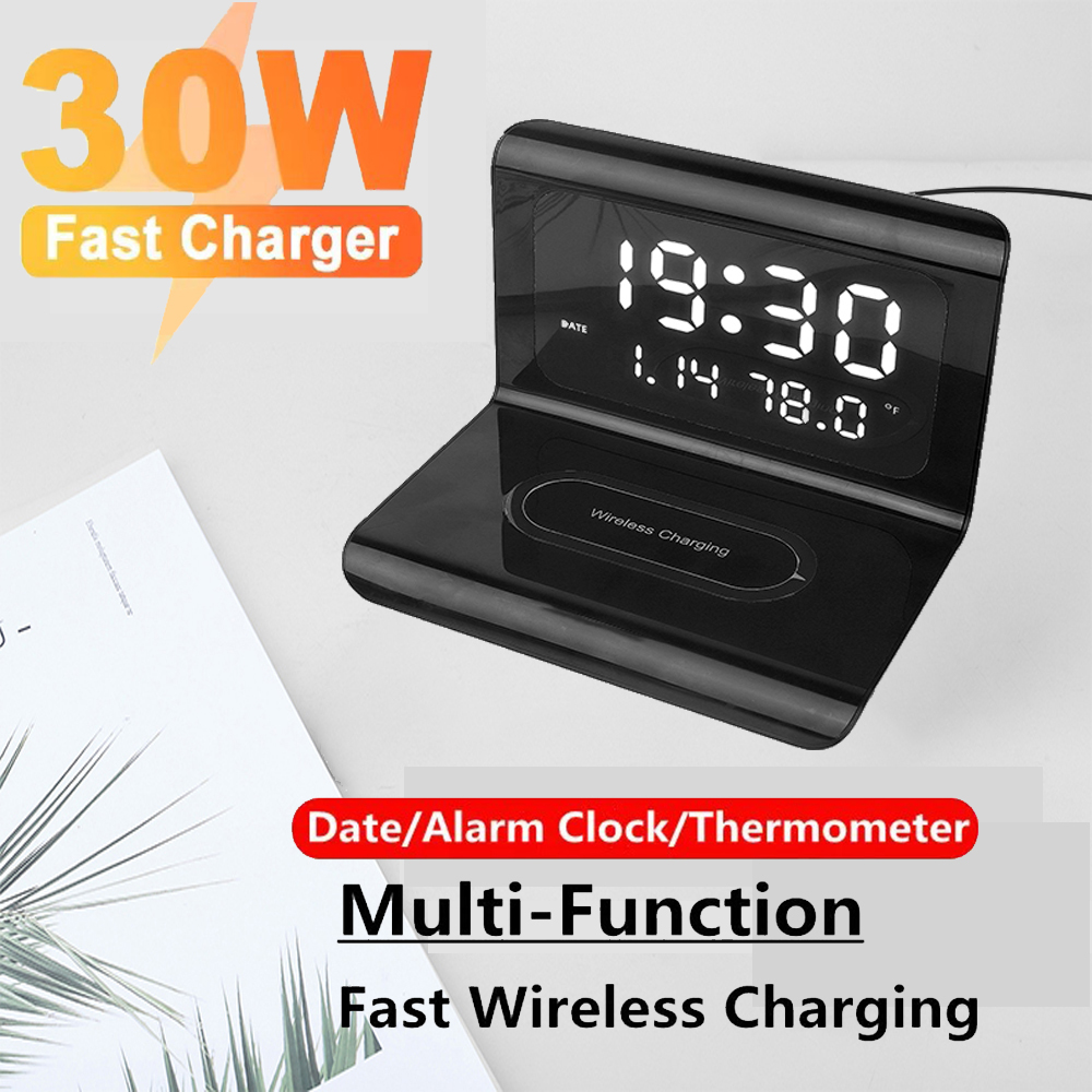 Wireless Charger Pad Stand with Alarm Clock Thermometer for iPhone 15 ...