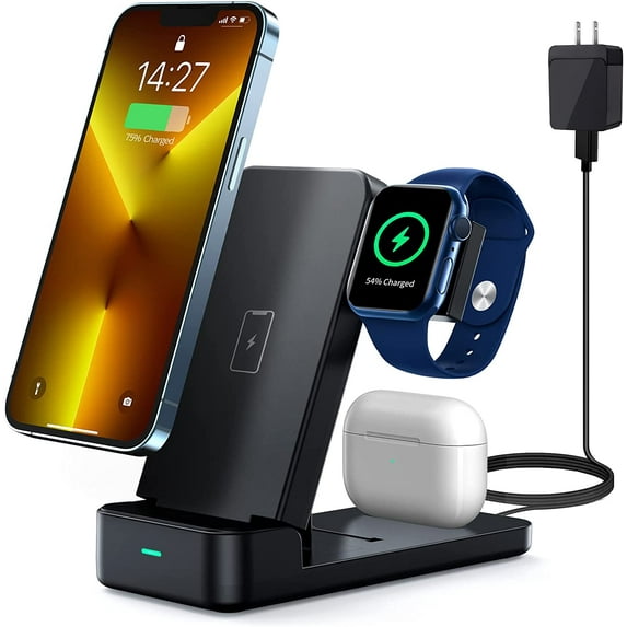 Qi-Certified 3 in 1 Fast Wireless Charger for iPhone 14/13/12/11/Pro Max, Apple Watch, Airpods ...