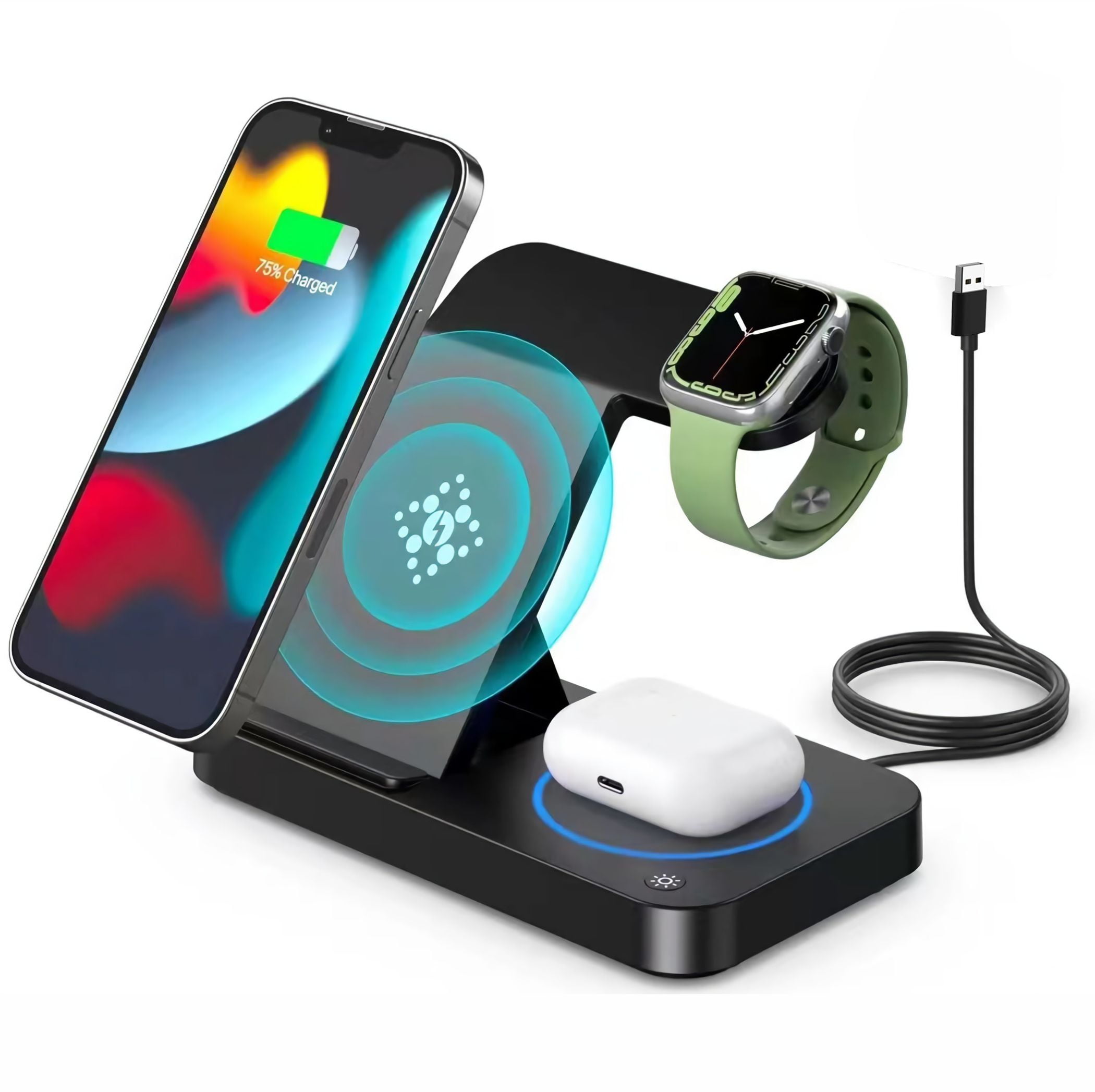 Wireless Charger Stand, 3 In 1 Wireless Charging Station For IPhone/14 ...