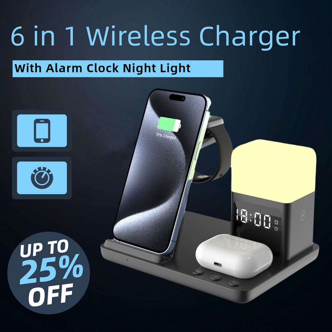 6 in 1 Fast Phone Charger Stand Dock with Alarm Clock Night Light ...