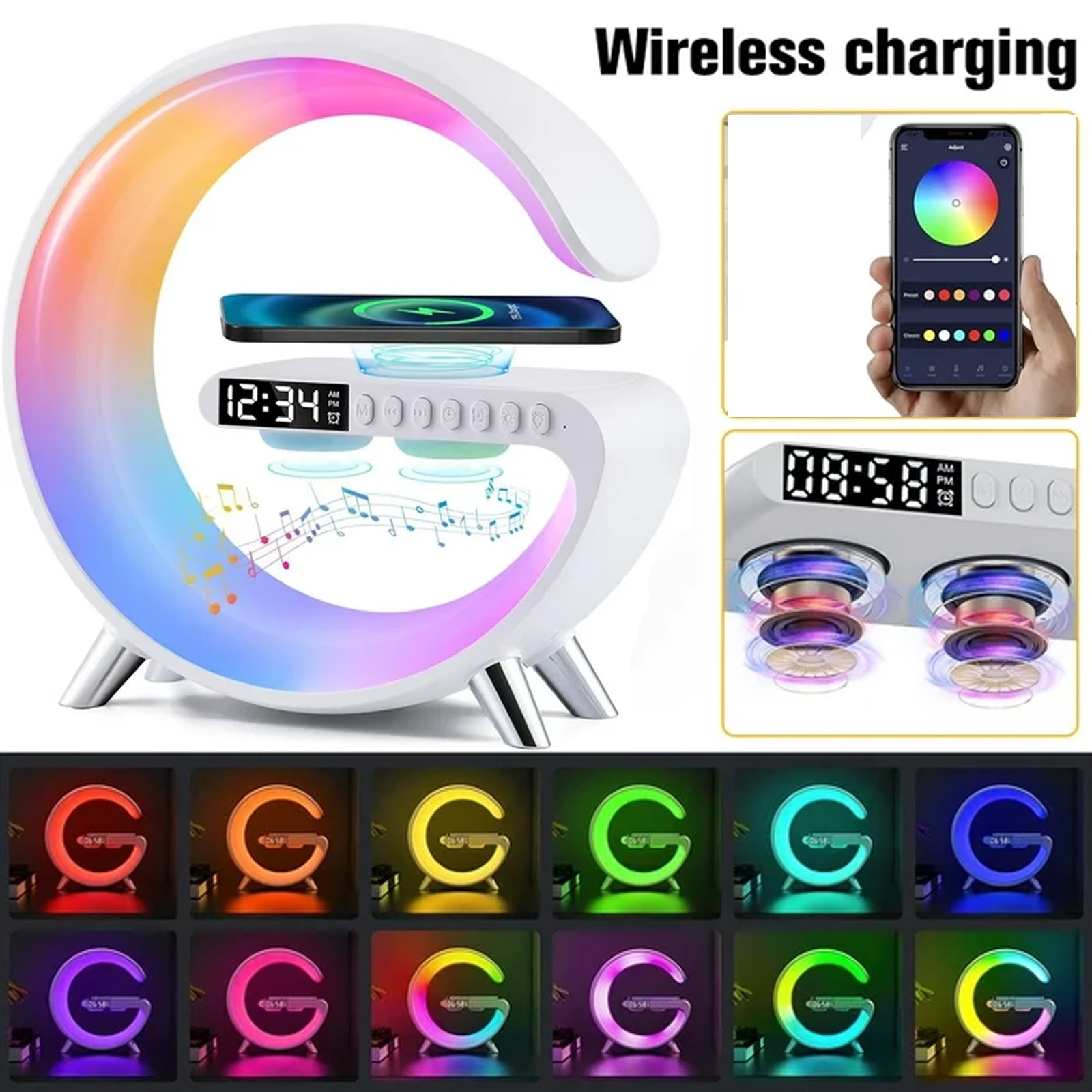 Wireless Charging Night Light with Bluetooth, 6 in 1 Alarm Clock ...