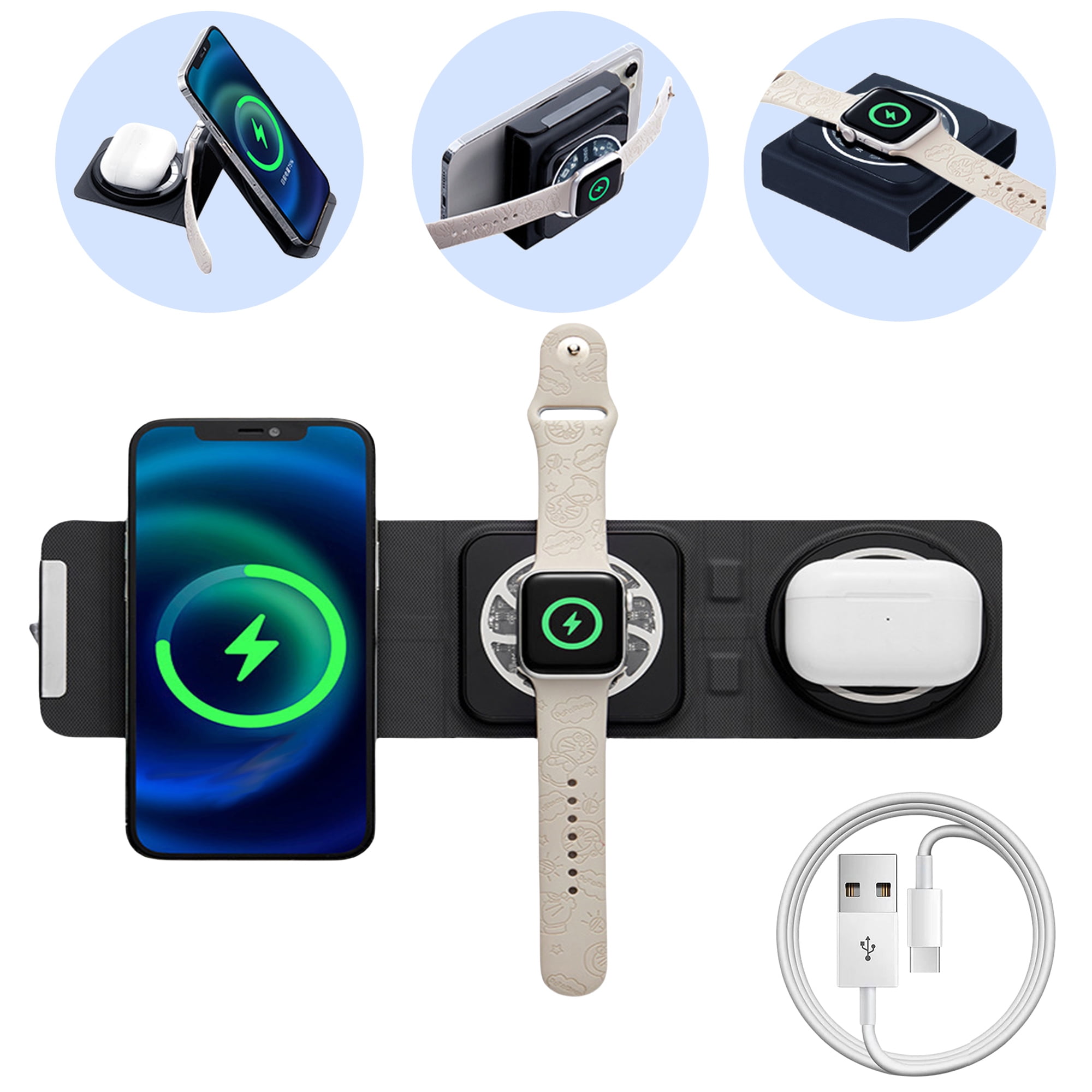 Wireless Charging Station 15W 3-in-1 Foldable Portable Magnetic Charger ...