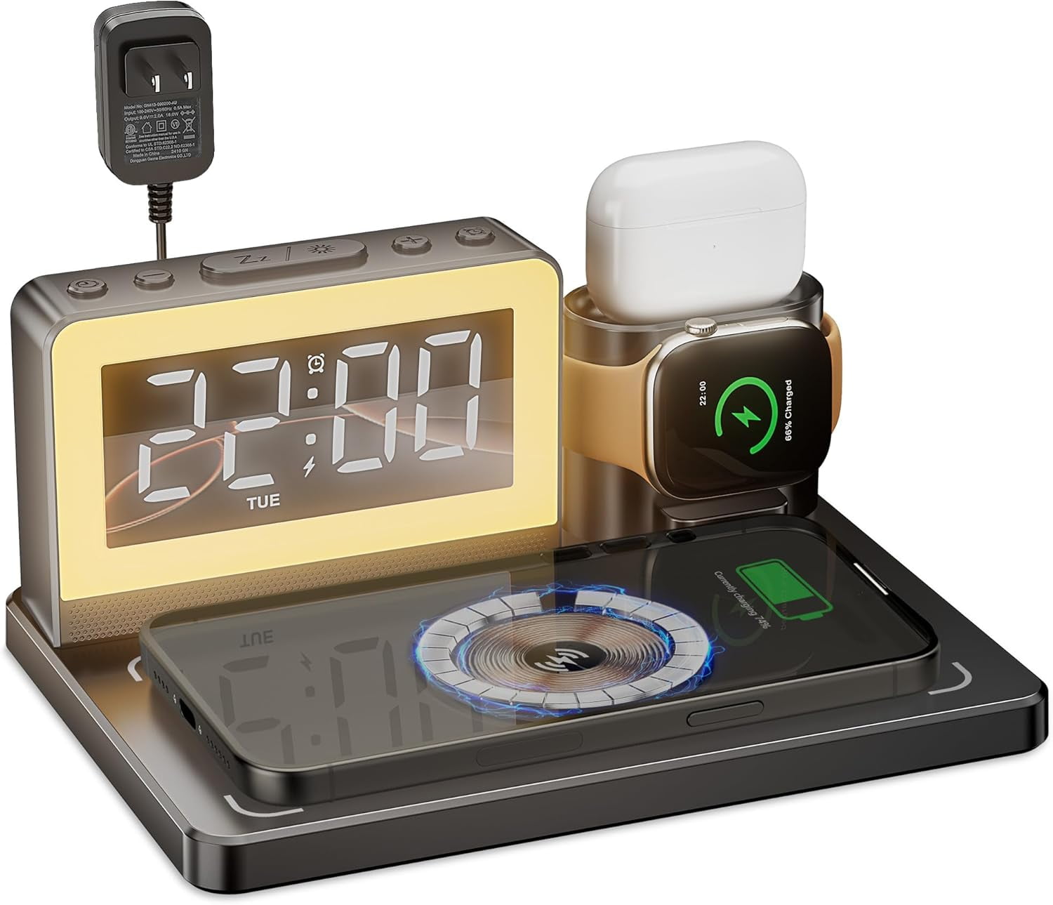 Wireless Charging Station with Alarm Clock and 6 in 1 Bedside 7 Color ...