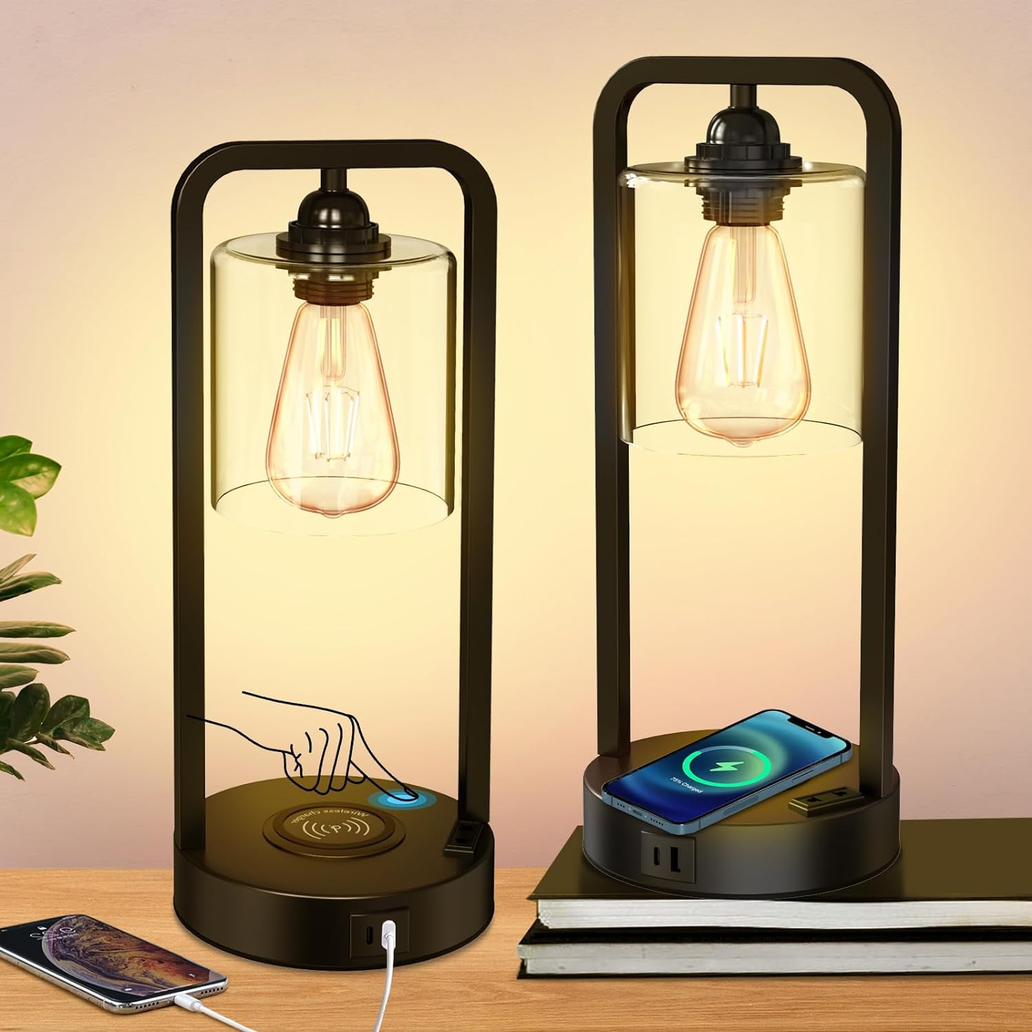Wireless Charging Table Lamp for Bedroom Set of 2, Touch Control ...