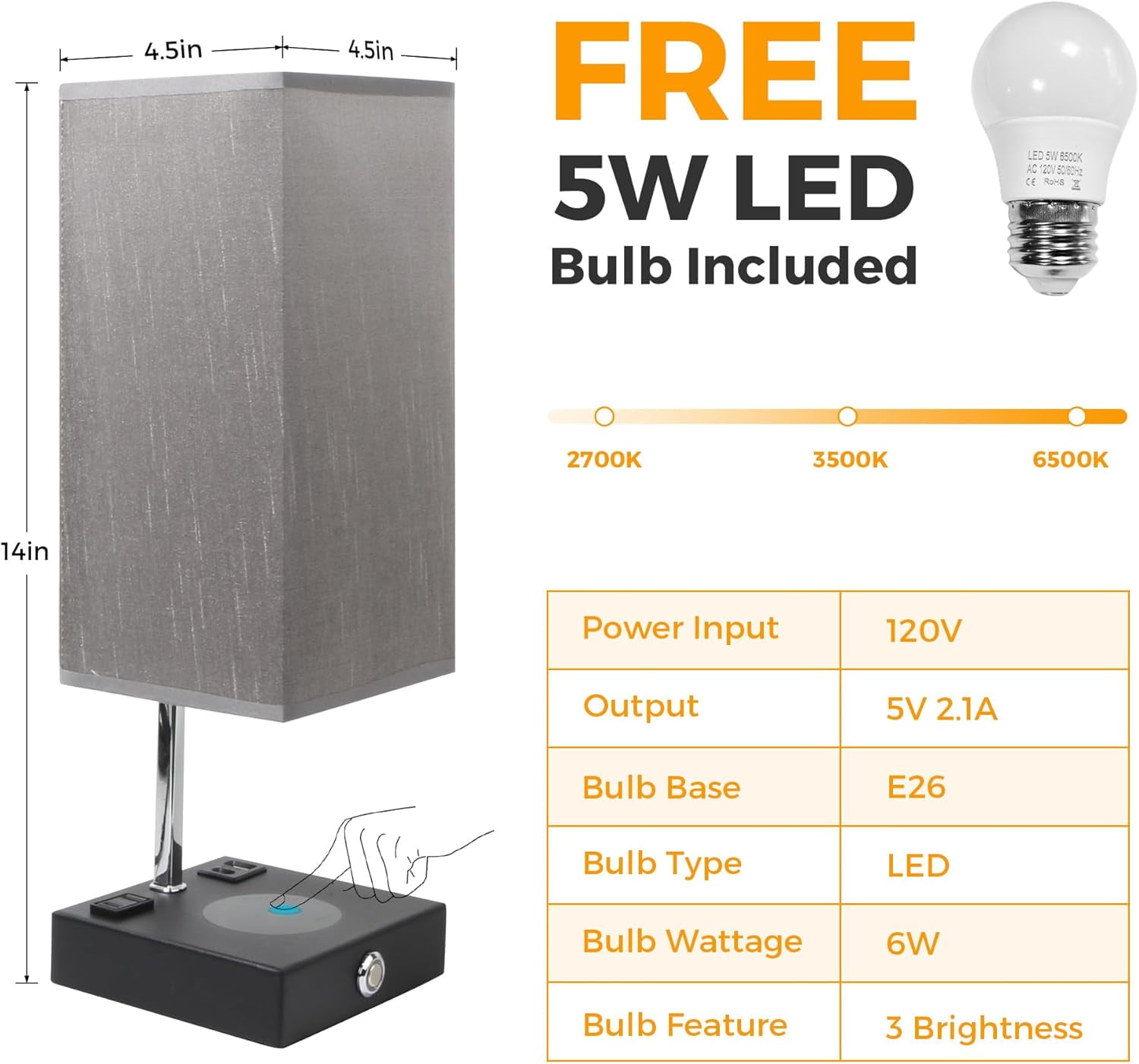 Wireless Charging Table Lamp with USB Port & AC Outlet, 3 Brightness ...