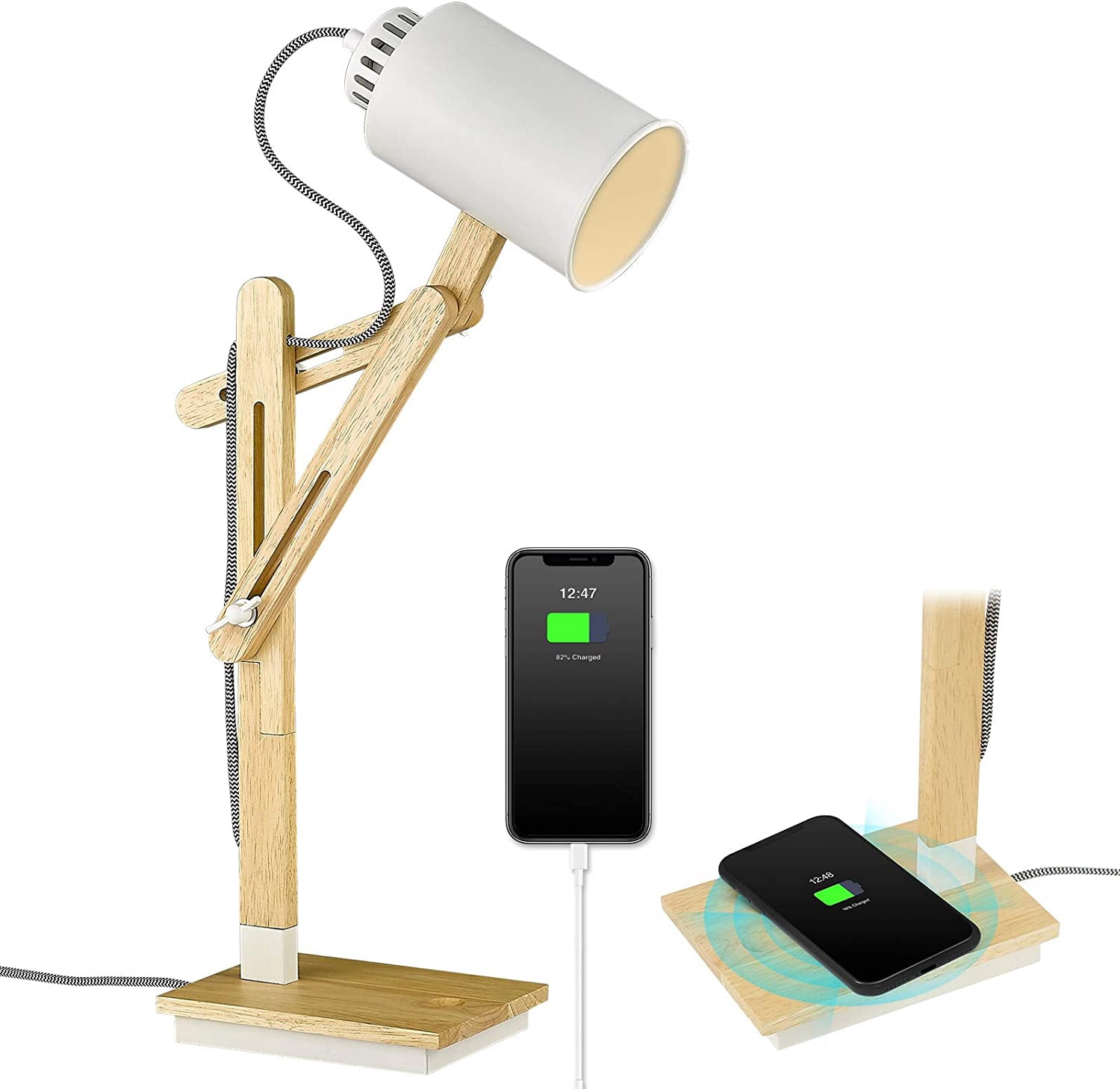 Wireless Charging White Desk Lamp, Touch Control Rubber Wood Table Lamp ...