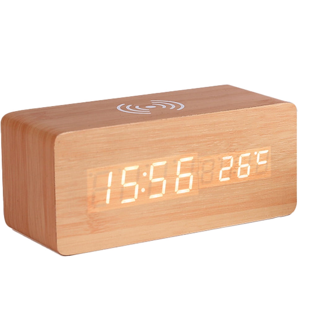 Wireless Charging Wooden Electronic Alarm Clock -Bamboo Wood - Walmart.com