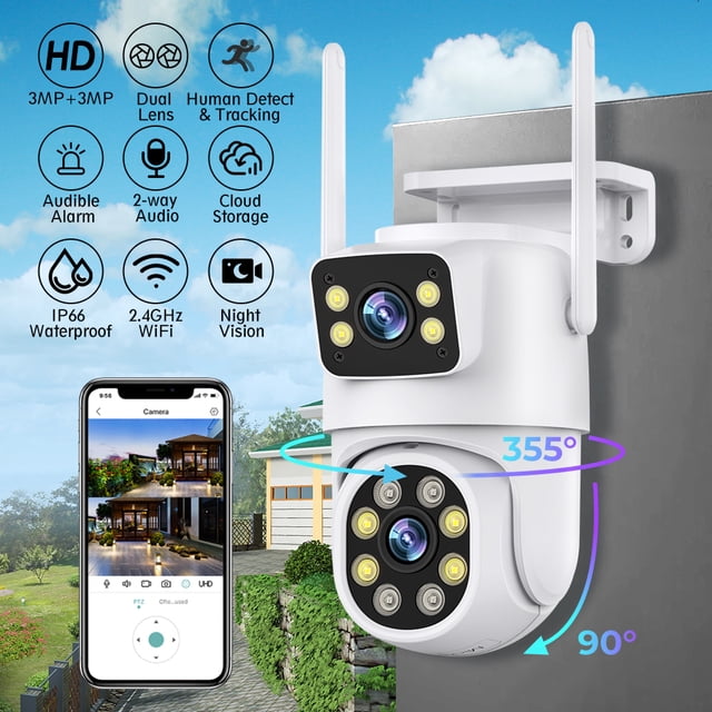 Wireless Dual Lens IP Camera, HD 1080P Outdoor CCTV 6MP PTZ Home ...