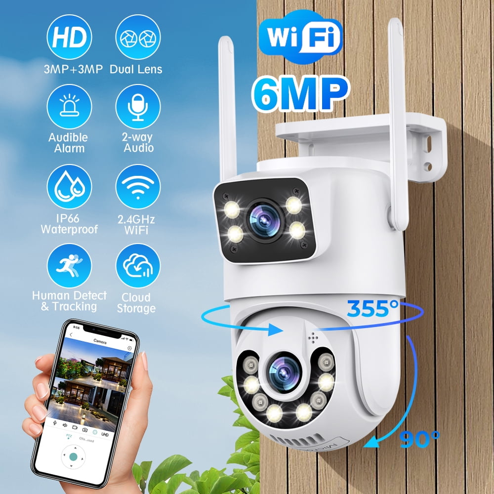 Wireless Dual Lens IP Camera, HD 1080P Outdoor CCTV 6MP PTZ Home ...