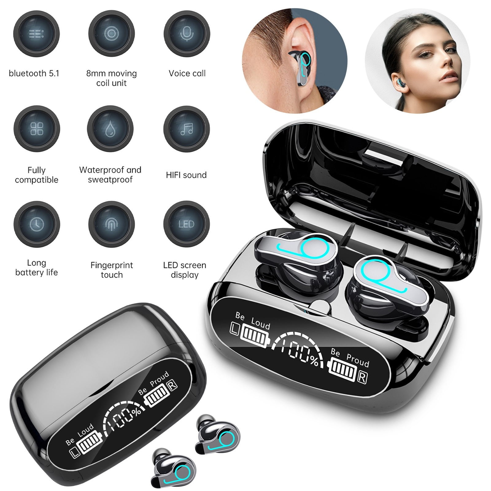 Wireless Earbuds Bluetooth, Stereo Ear Buds with LED Power Display ...