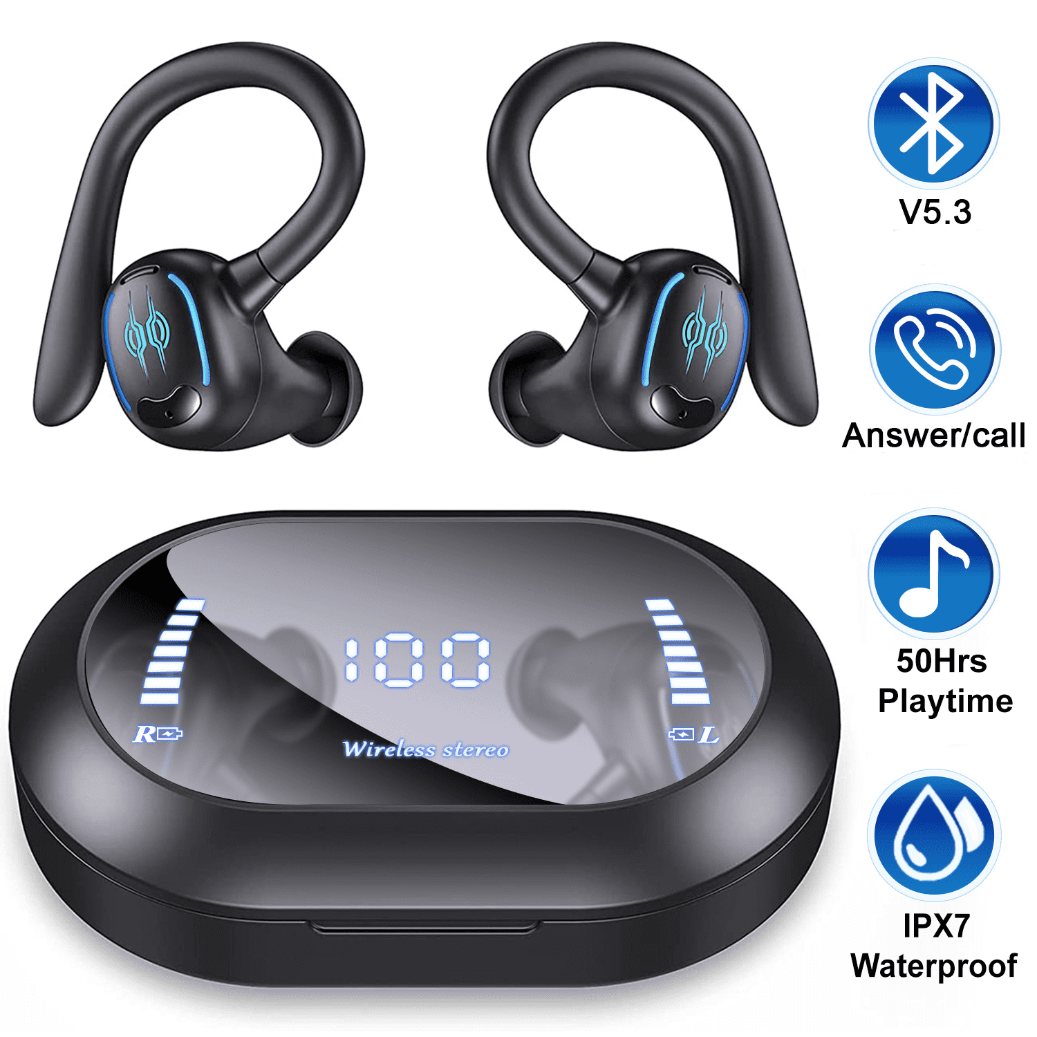 AILKIN Wireless Earbuds, Bluetooth 5.3, 50hrs Playtime, IPX7 Waterproof, Noise Cancelling, for ...
