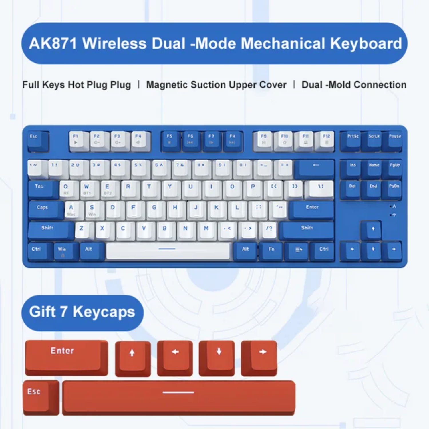 Wireless Ergonomic Hot Swappable AK871 Mechanical Gaming Keyboard with ...