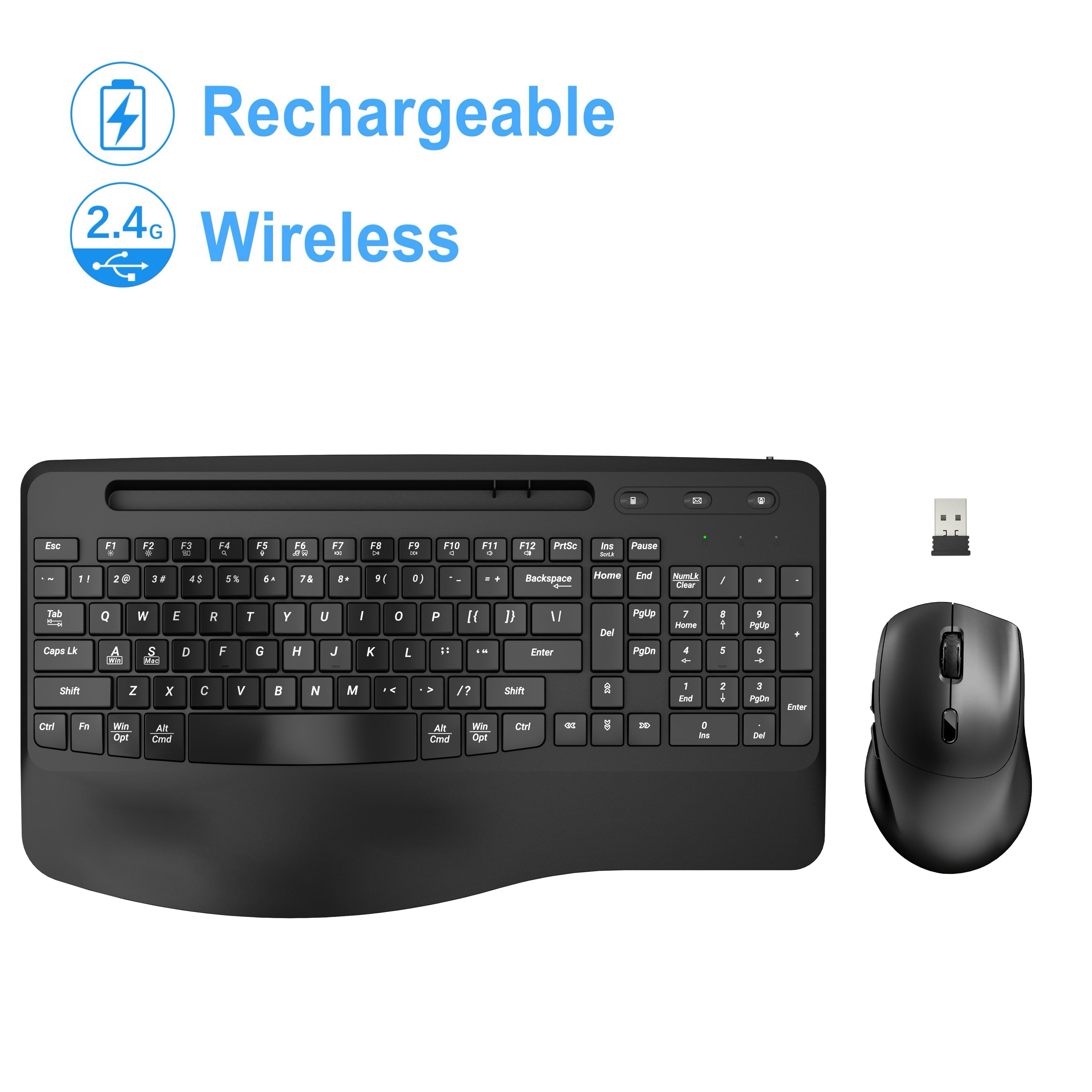 Wireless Ergonomic Keyboard and Mouse Combo, Moojay Rechargeable ...