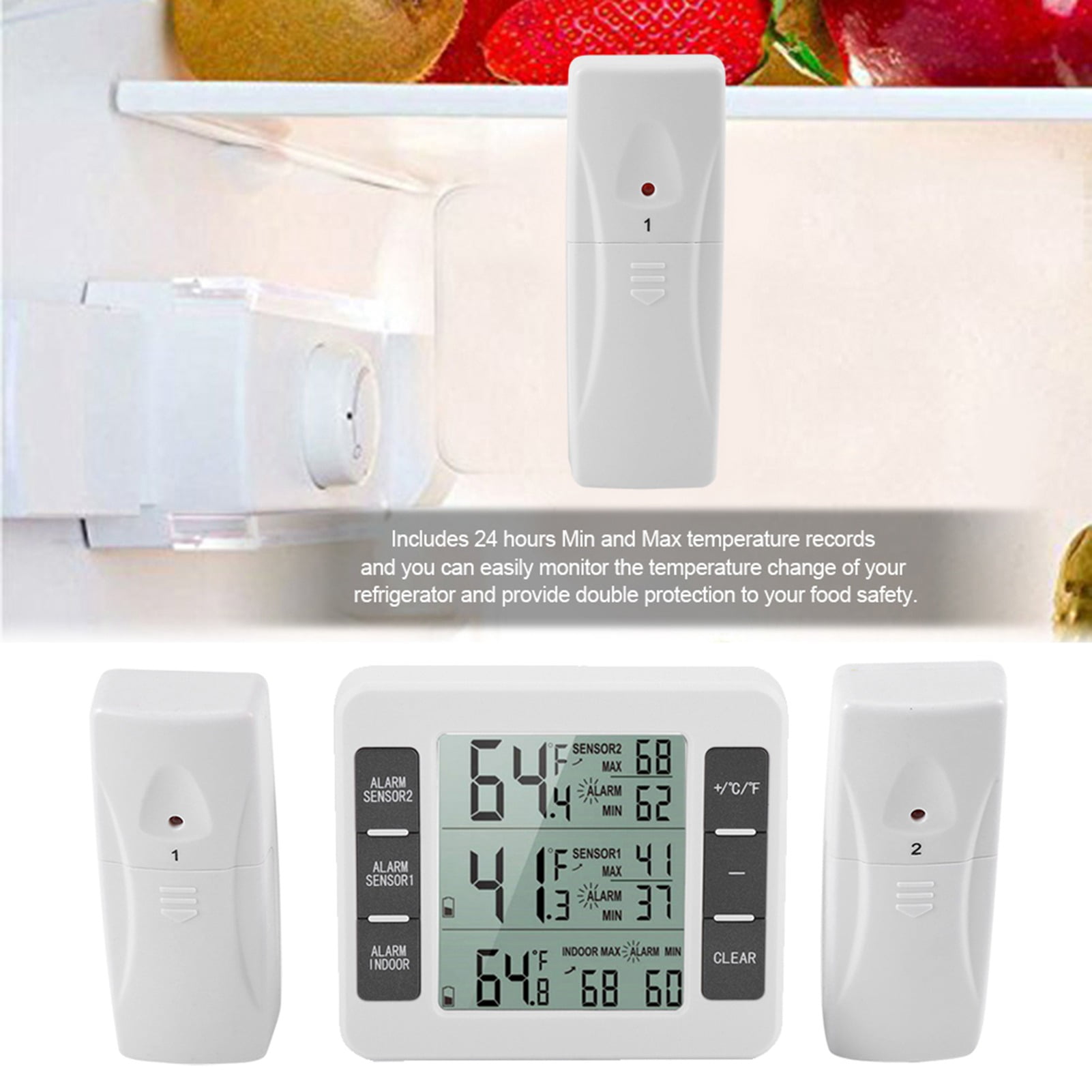 Wireless Freezer Thermometer W/ LCD, Indoor/Outdoor Temp, Alarms Data ...