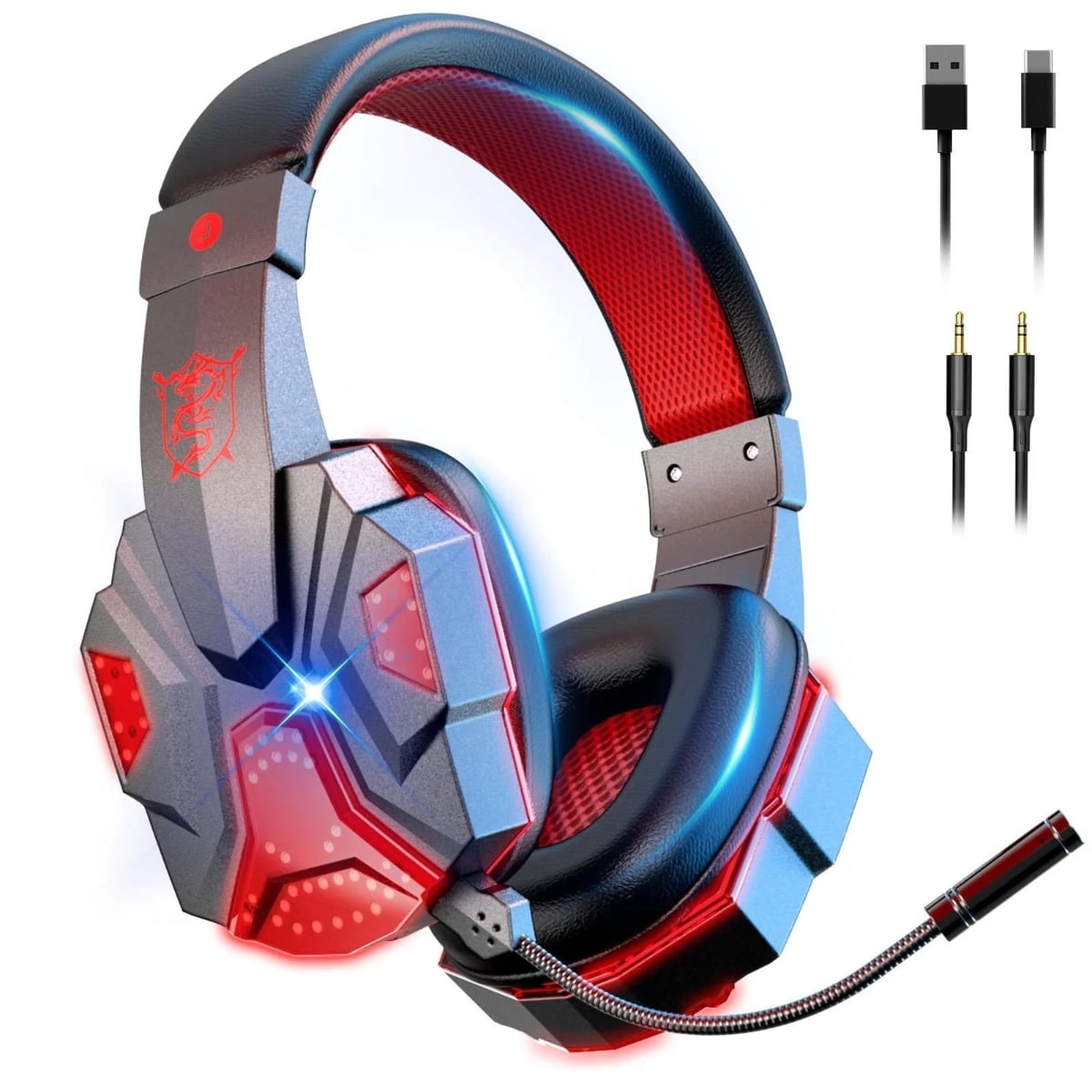Wireless Gaming Headset , Dual Mode Gaming Headset with LED Light, Red ...