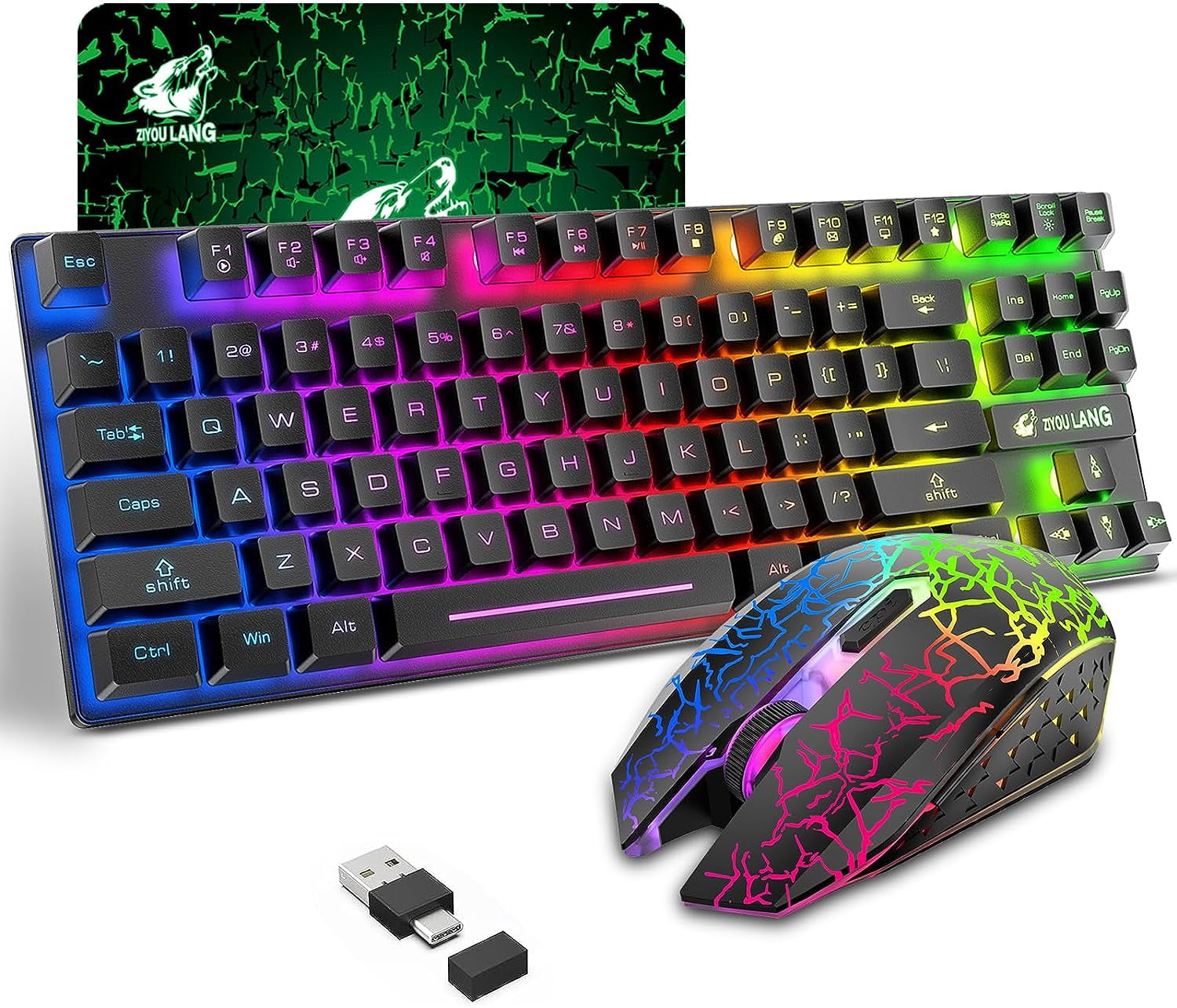 Wireless Gaming Keyboard and Mouse Combo with 87 Key Tenkeyless Rainbow ...