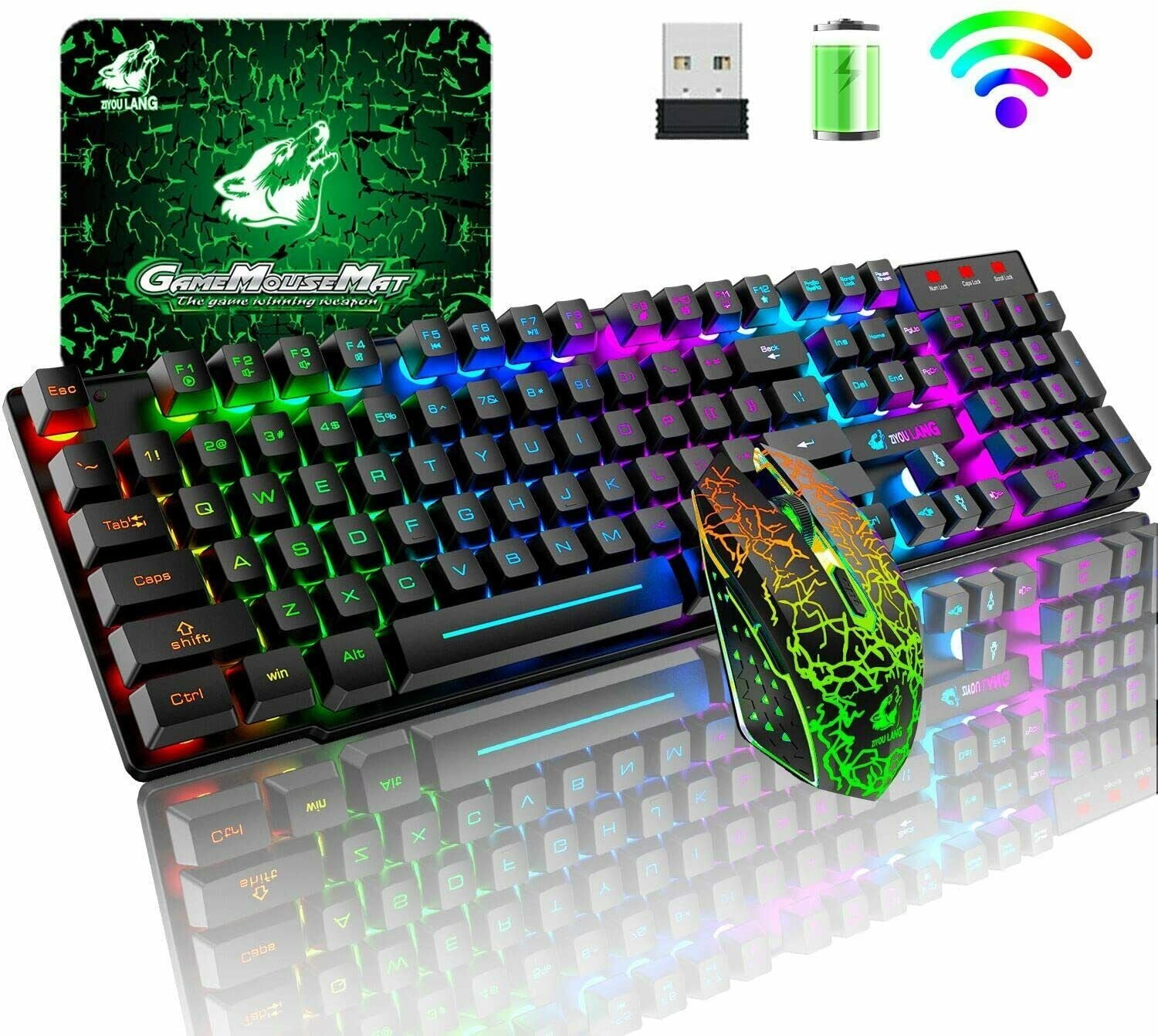 Wireless RGB Gaming Keyboard & Mouse Combo with Pad, USB Plug ...