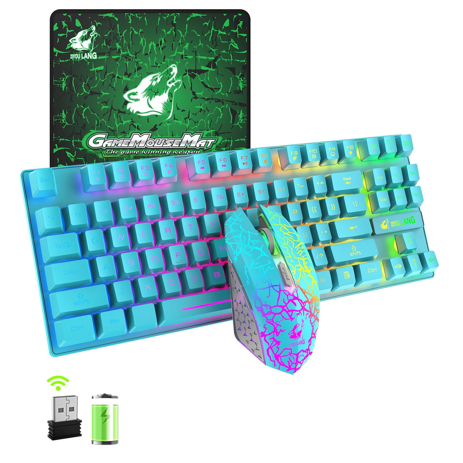 Wireless Gaming Keyboard and Mouse Combo,87 Key Rainbow Backlit ...
