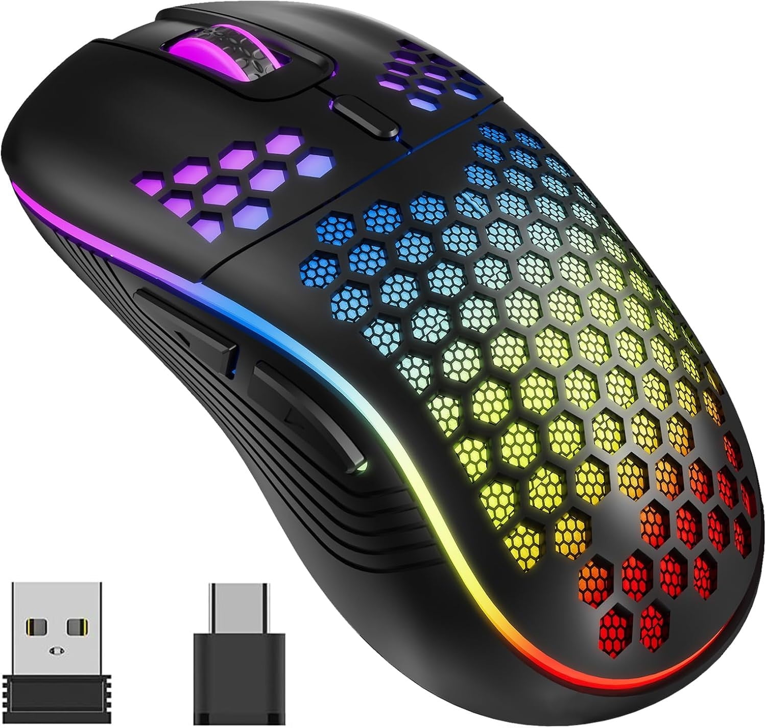 Wireless Gaming Mouse Honeycomb 2.4G USB & Type-C Mice RGB Rechargeable ...