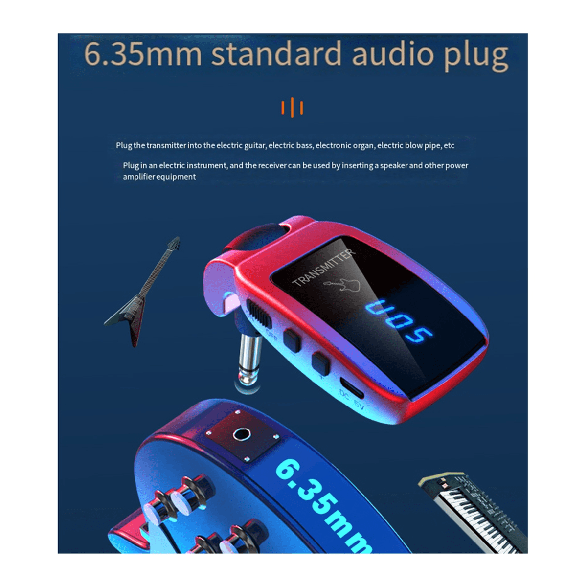 Wireless Guitar System Rechargeable LED Screen UHF Transmitter Receiver ...
