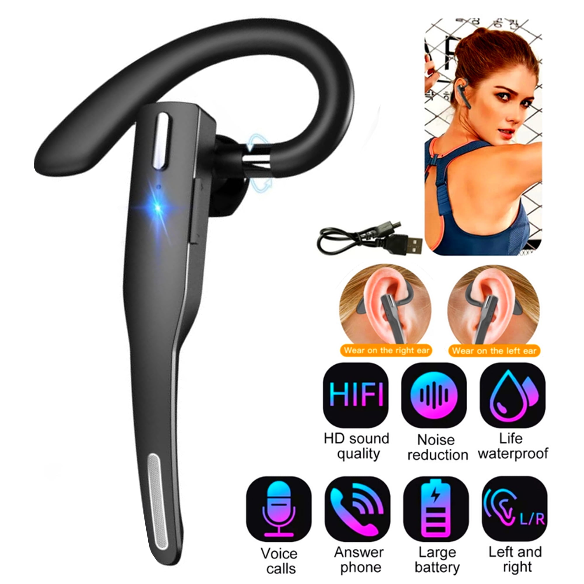 Wireless Headless Business Earpiece Noise Cancelling Bluetooth 5.3 ...